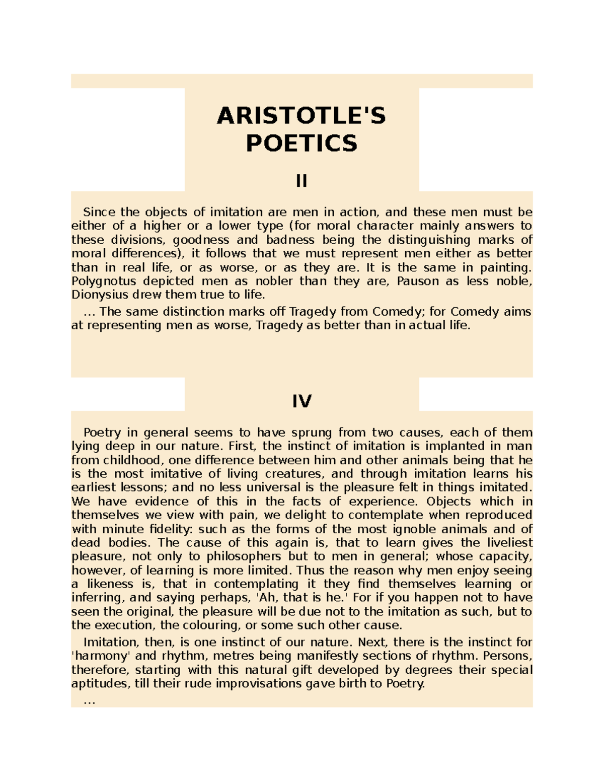 Aristotle Poetics selection - ARISTOTLE'S POETICS II Since the objects ...