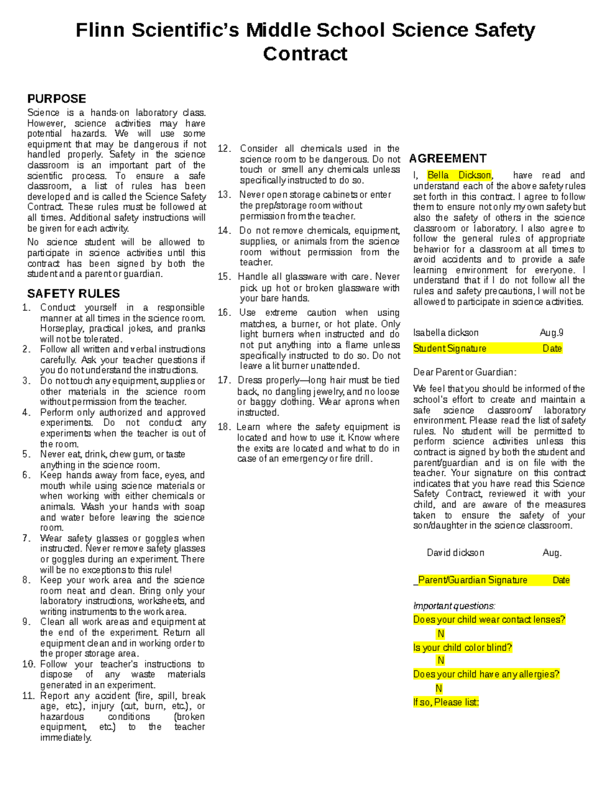 Copy of Middle School Science Safety Contract (Google Doc) - Google ...