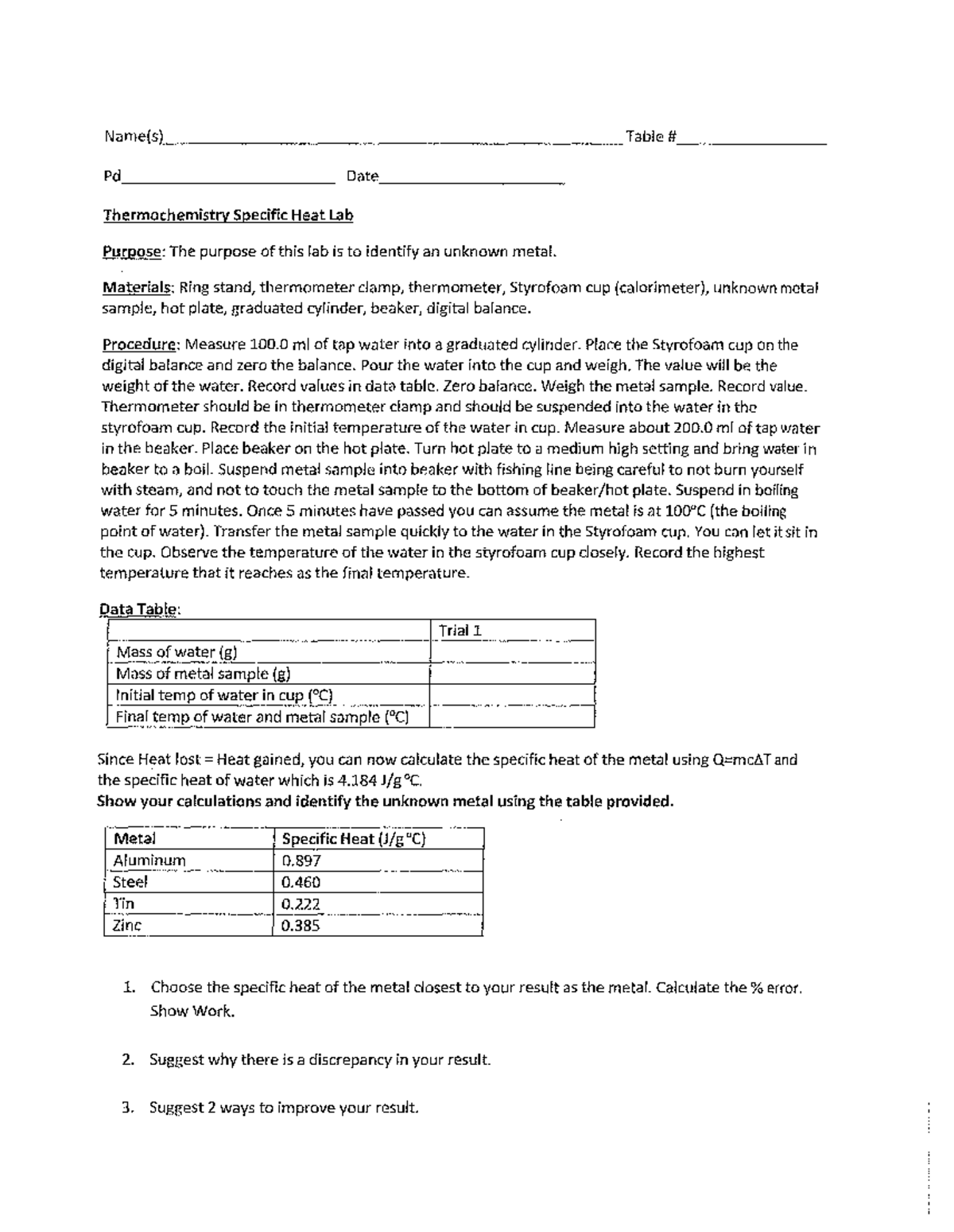 Specific Heat Lab-1 - assignment - Name(s ...