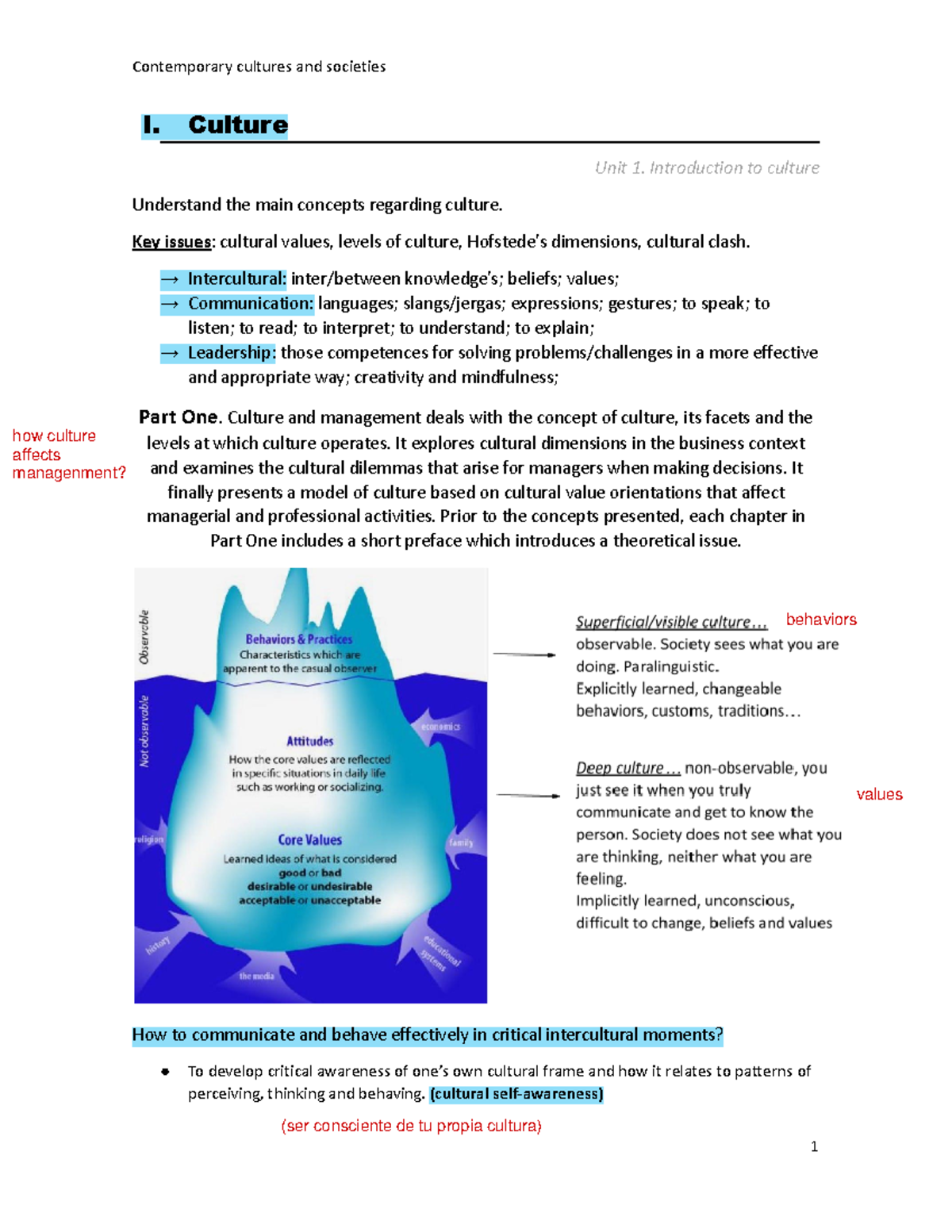 Contemporary cultures summary - I. Culture Unit 1. Introduction to ...