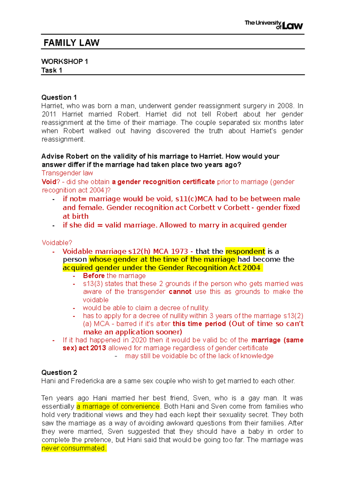FAM WS1 Task 1 - Family law In-class unseen workshop task 1 -marriage ...