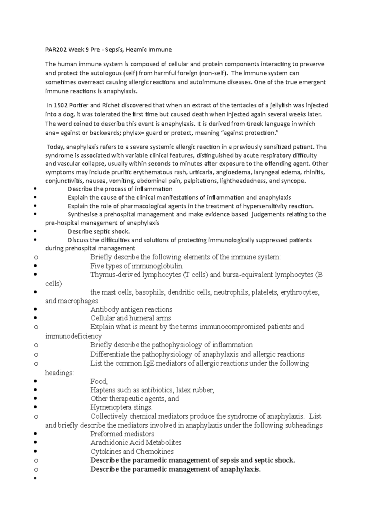 PAR202 Week 9 Pre Sepsis, Haemic-immune - PAR202 Week 9 Pre - Sepsis ...