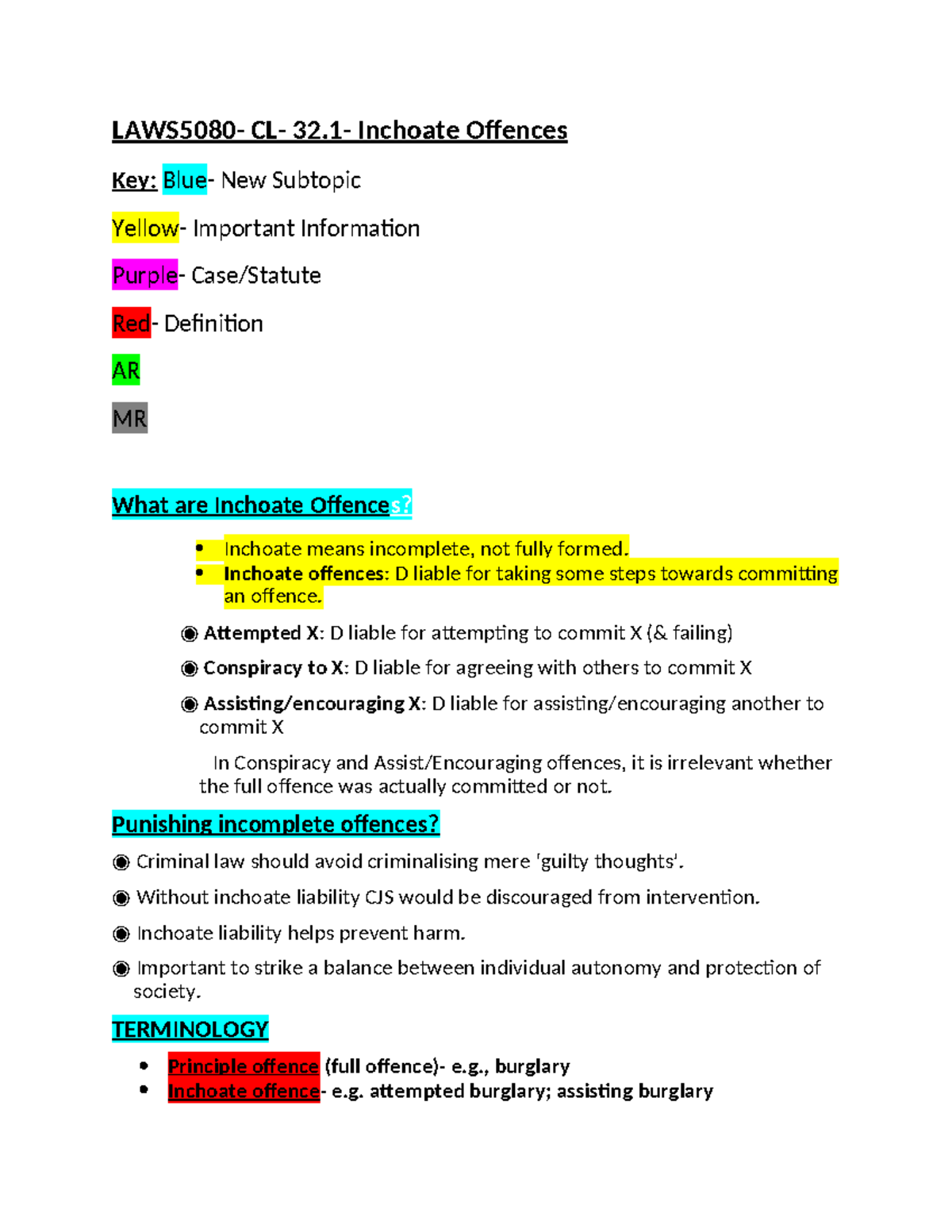 LAWS5080- CL- 33 - Crim notes - LAWS5080- CL- 32- Inchoate Offences Key ...