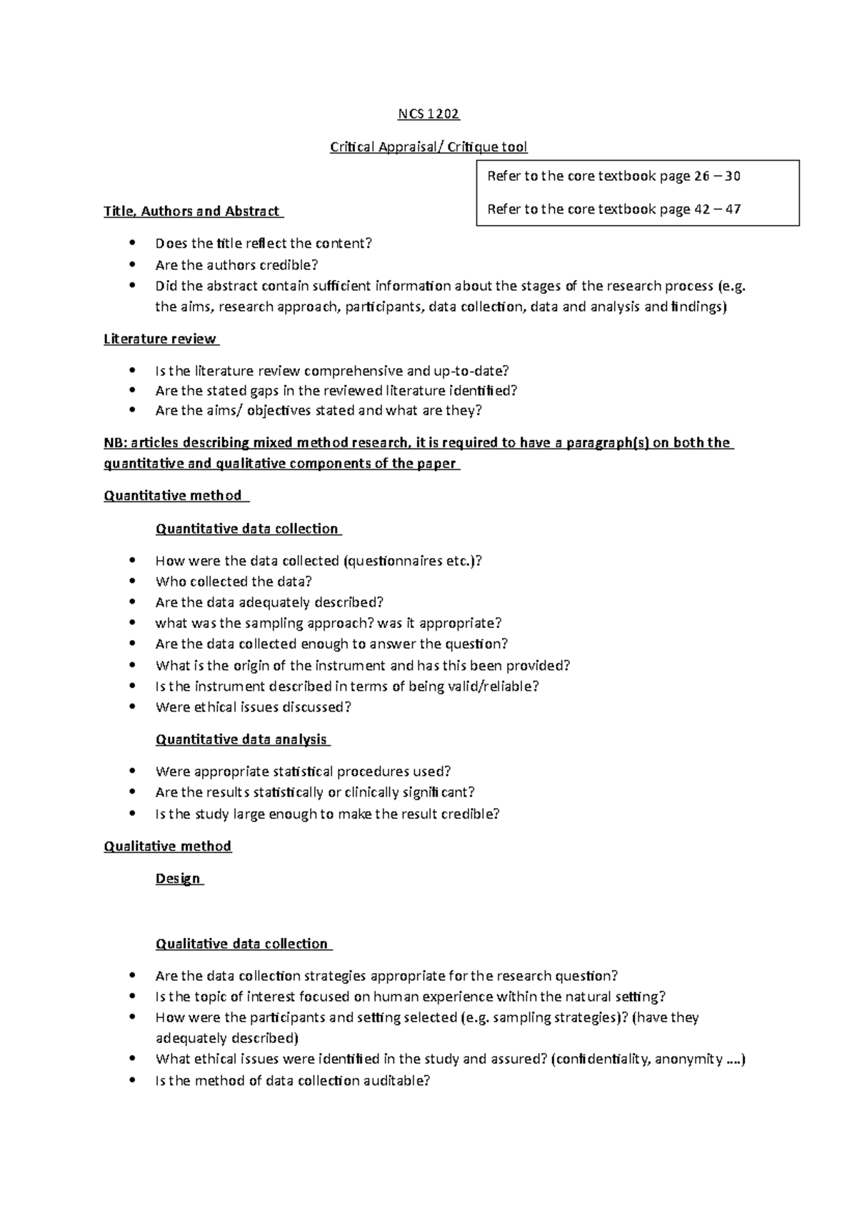 Critical Appraisal - Critique tool - NCS 1202 Critical Appraisal ...