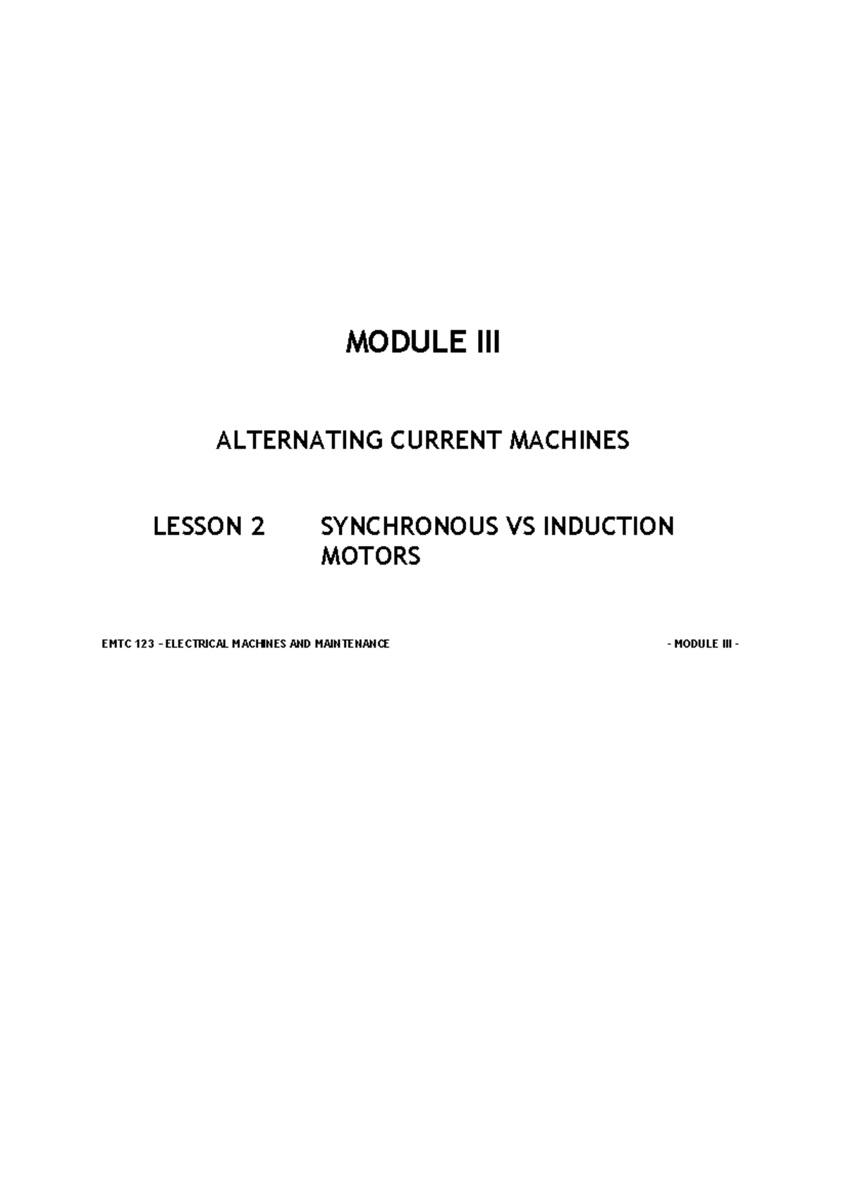 Module 3 Lesson 2 - MODULE III ALTERNATING CURRENT MACHINES LESSON 2 SYNCHRONOUS VS INDUCTION ...