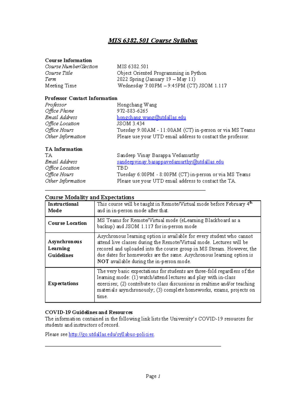 Syllabus MIS6382 Syllabus for 2021-2022 - MIS 6382 Course Syllabus ...