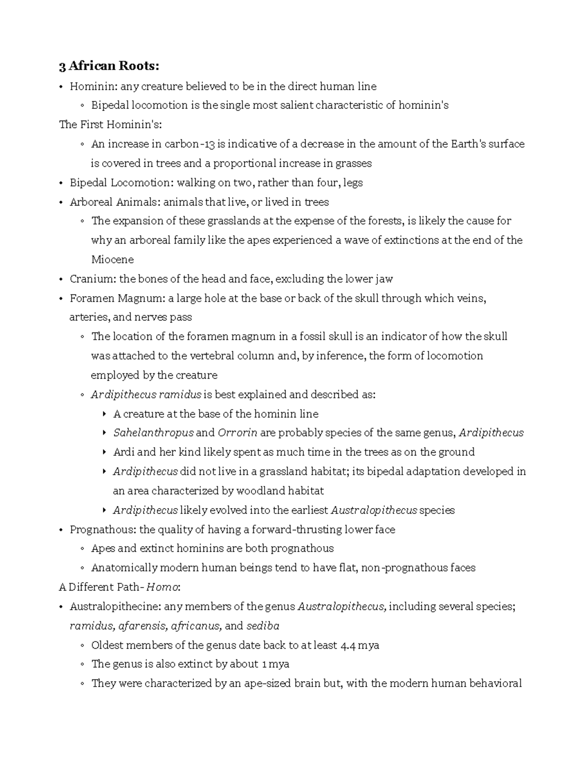 ANT 101 Ch. 3 Notes - African Roots - 3 African Roots: Hominin: any ...
