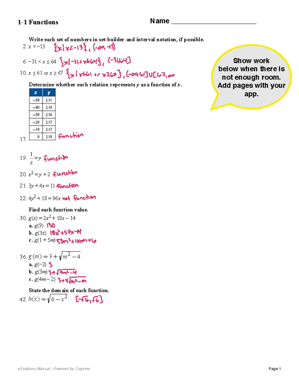 1.1 HW - Functions Key - Write each set of numbers in set-builder and interval notation, if ...