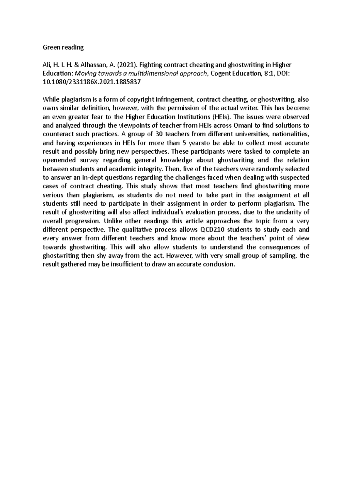 QCD210 AB - Summary Notes - Green reading Ali, H. I. H. & Alhassan, A ...