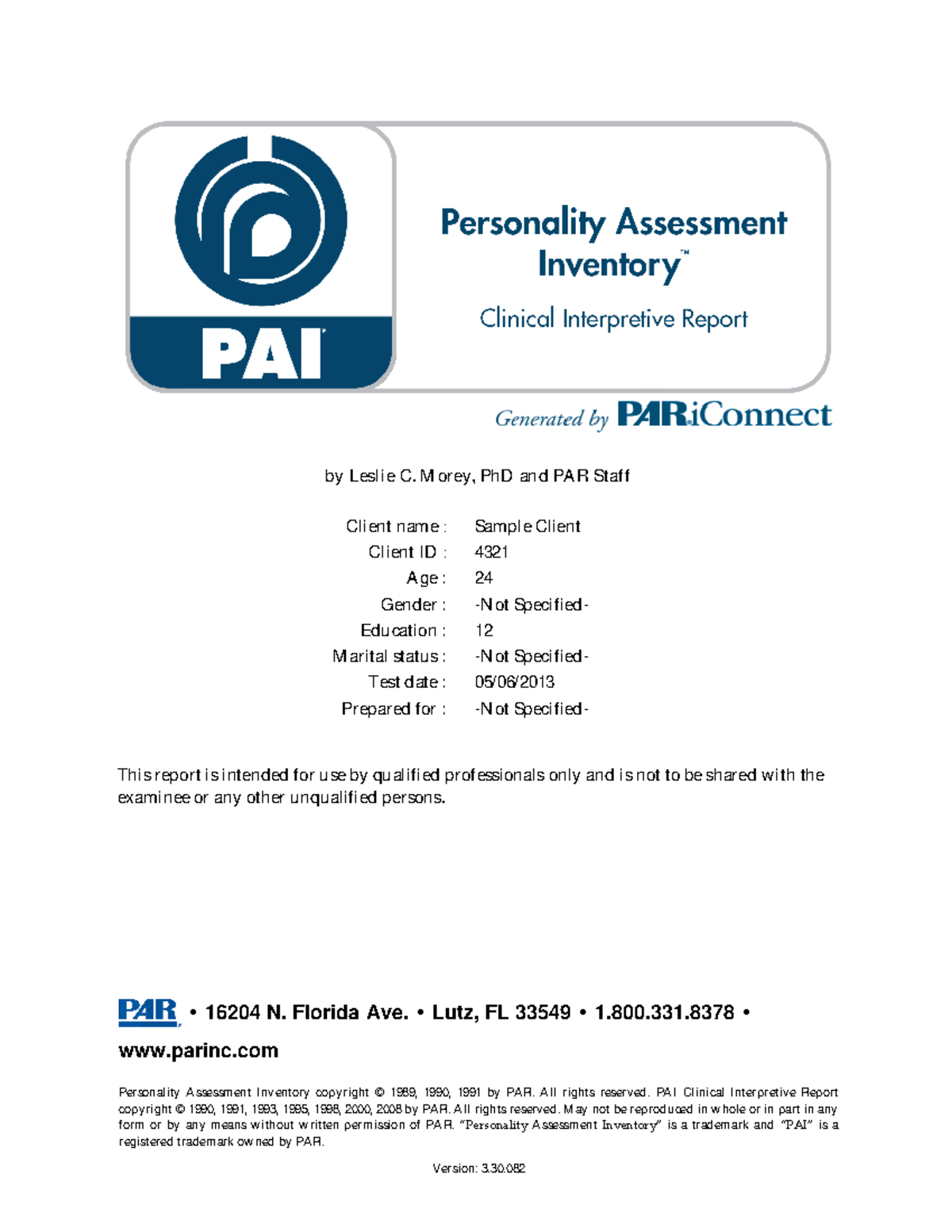 PAI Clinical Pi C - by Leslie C. Morey, PhD and PAR Staff Client name ...