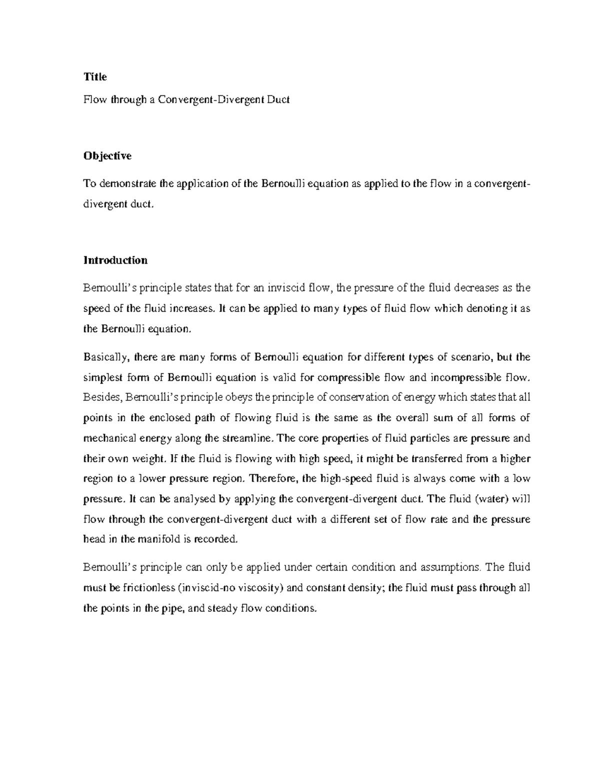 Flow Through a Convergent Divergent Duct - Title Flow through a ...