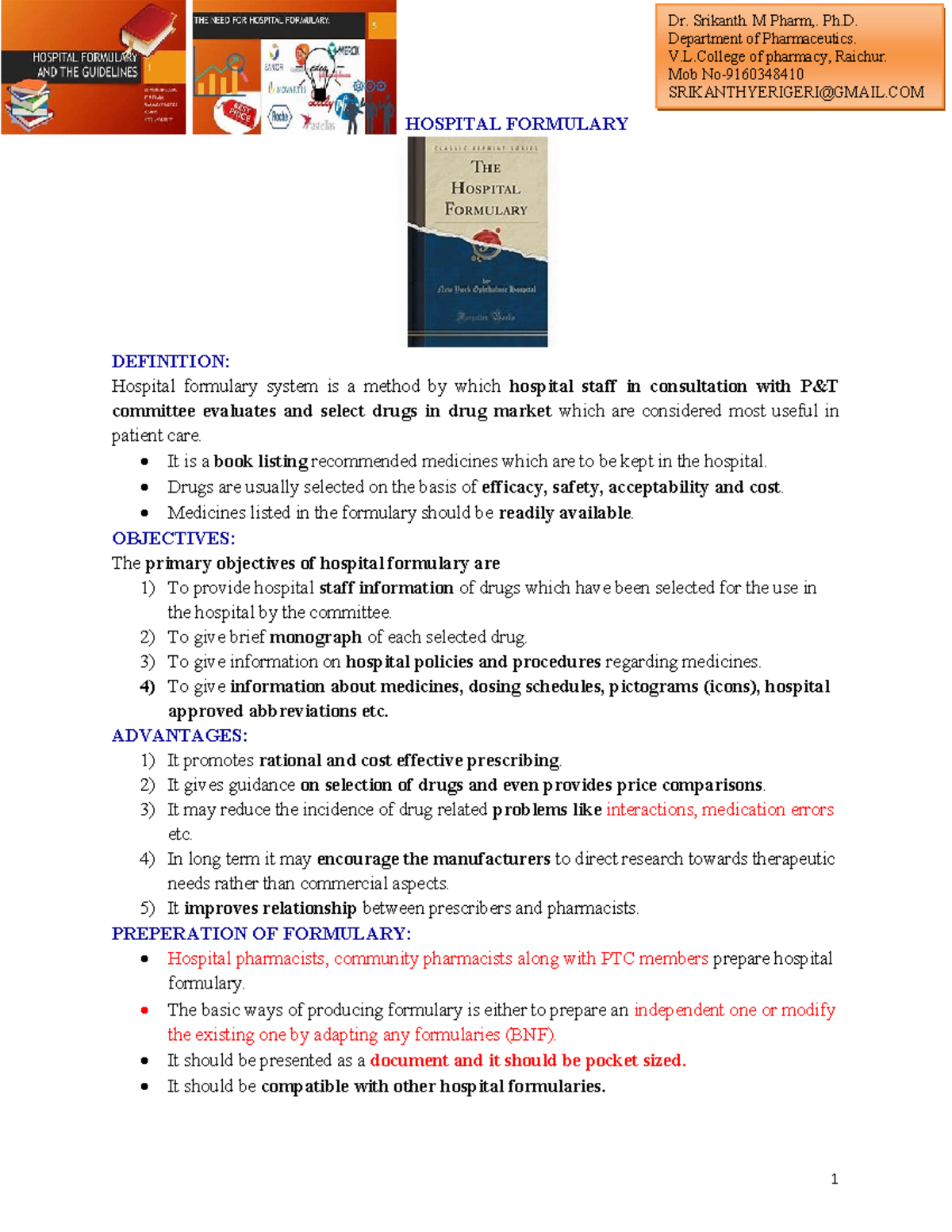 B. Hospital Formulary - Notes - 1 HOSPITAL FORMULARY DEFINITION ...