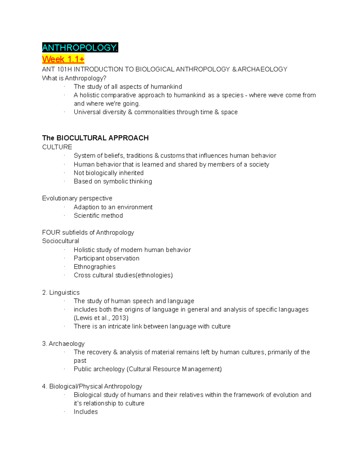 Anthropology - Test preparation notes - ANTHROPOLOGY. Week 1+ ANT 101H ...