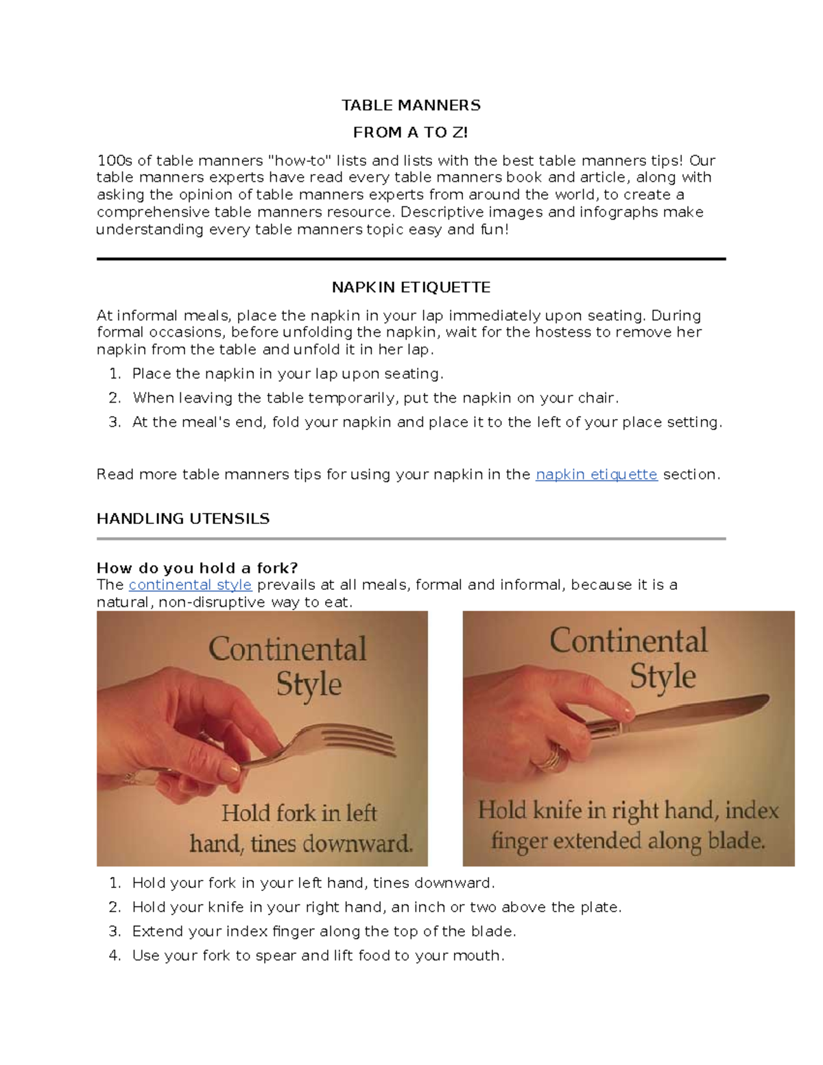 Table- Manners - TABLE MANNERS FROM A TO Z! 100s of table manners "how ...