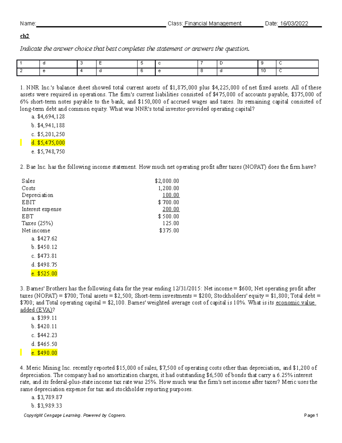 Assignment multiple choice (10 exercises) - Name: Class: Financial ...