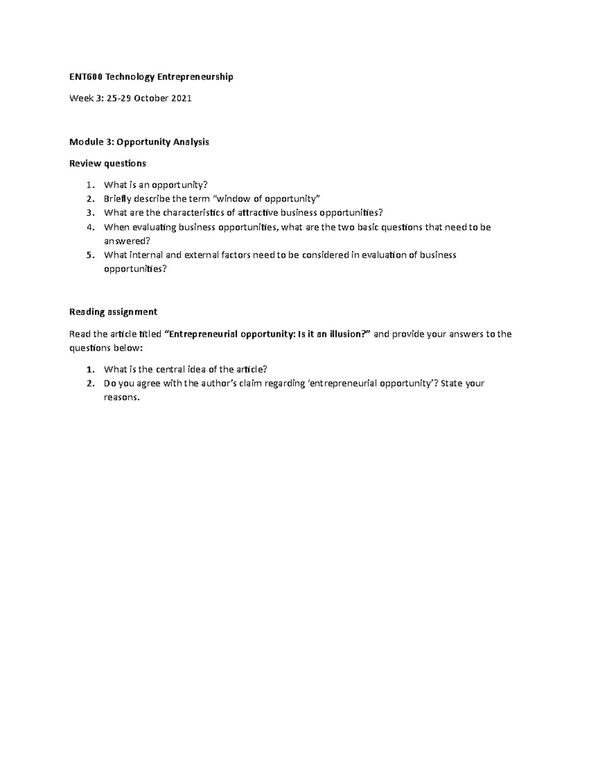 ENT600 Week 3 25-29 OCT 2021 Tasks - Technopreneurship - UiTM - Studocu