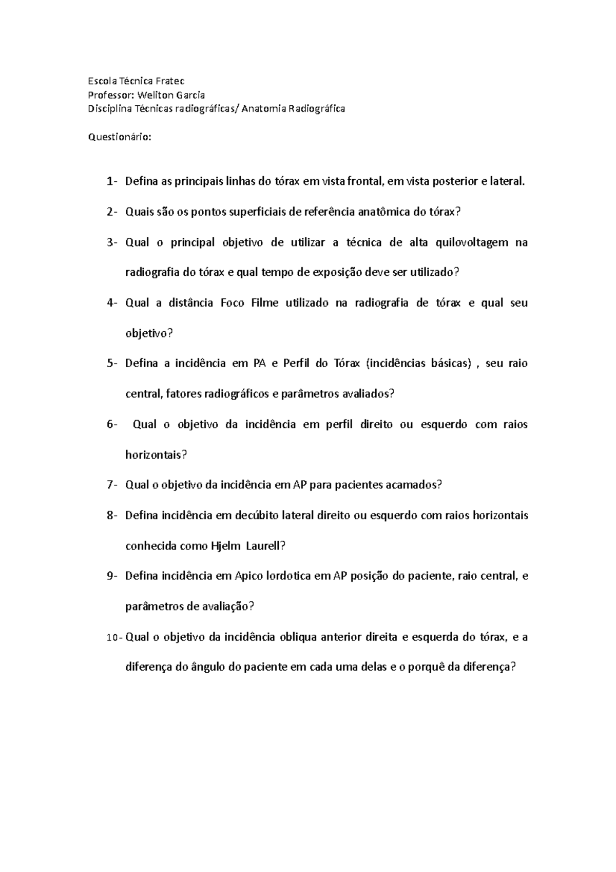 Exercicios de torax - lista de exercícios fornecido em sala - Escola ...