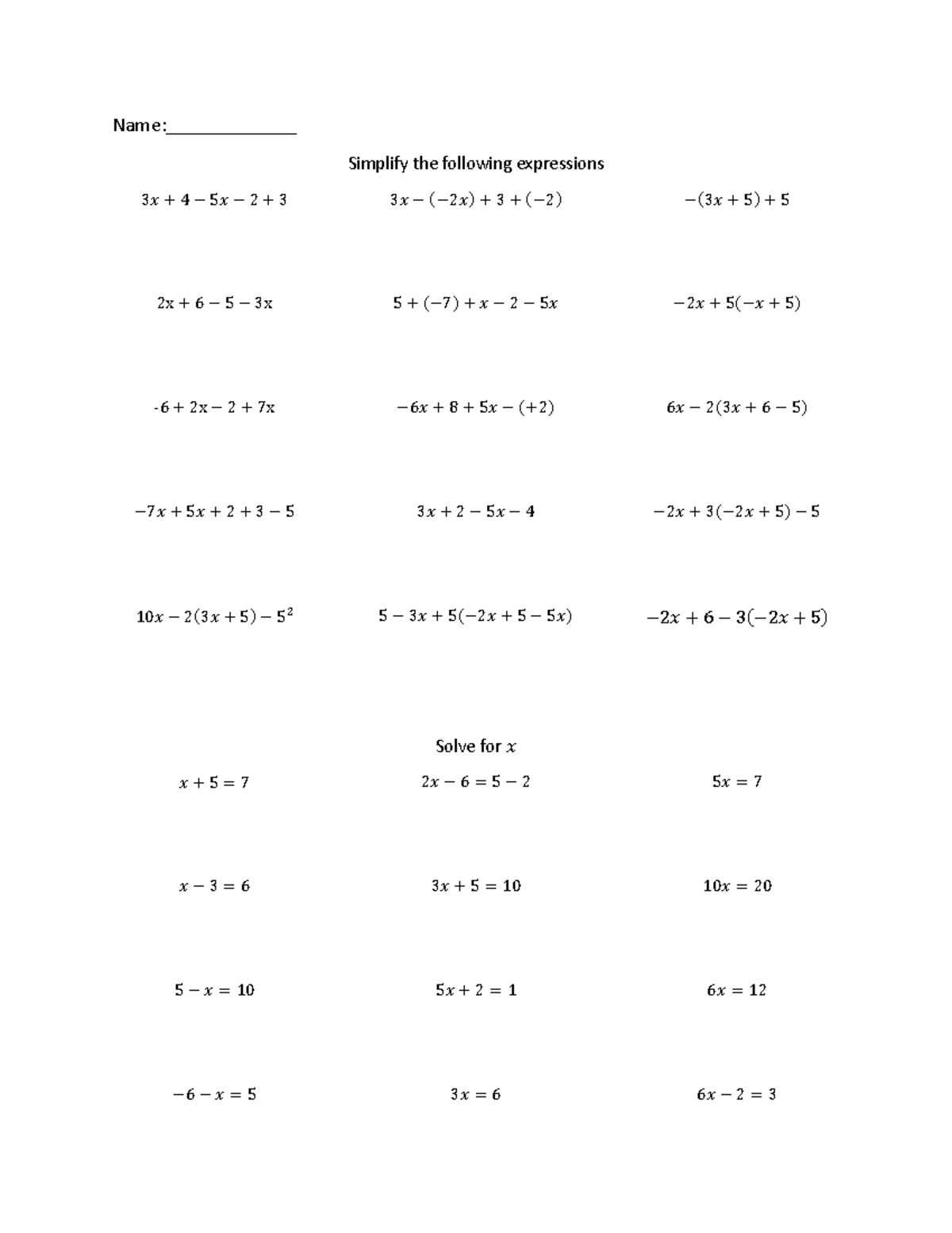 Grade 7 - Something - Name:_____________ Simplify the following ...
