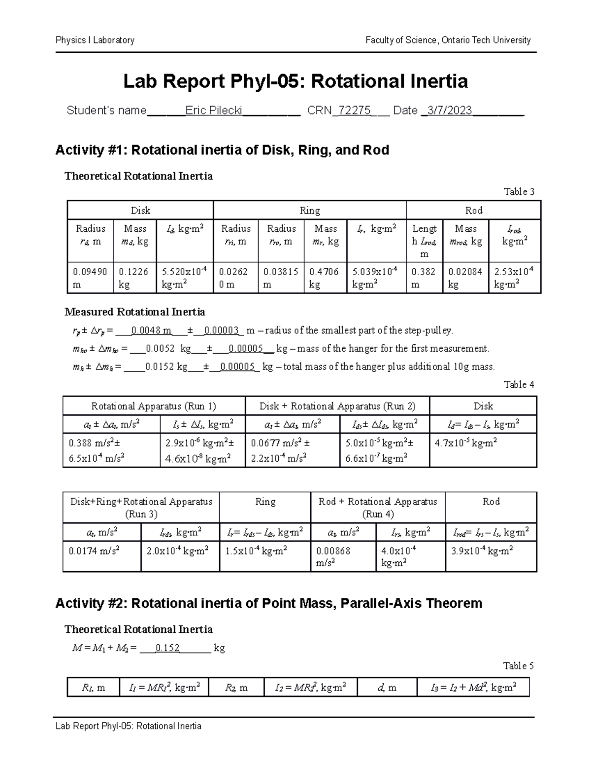Lab 5 Report - LAB - Physics I Laboratory Faculty of Science, Ontario Tech University Lab Report ...