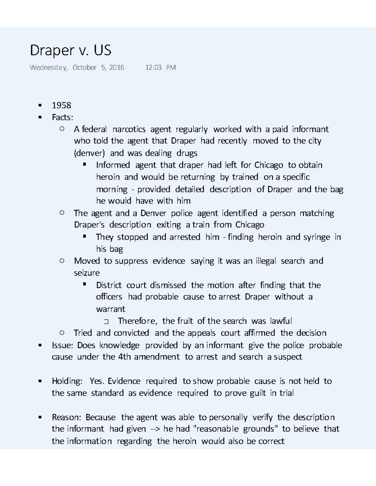 Draper v. US - Summary Criminal Procedure: Investigating Crime - • 1958 ...