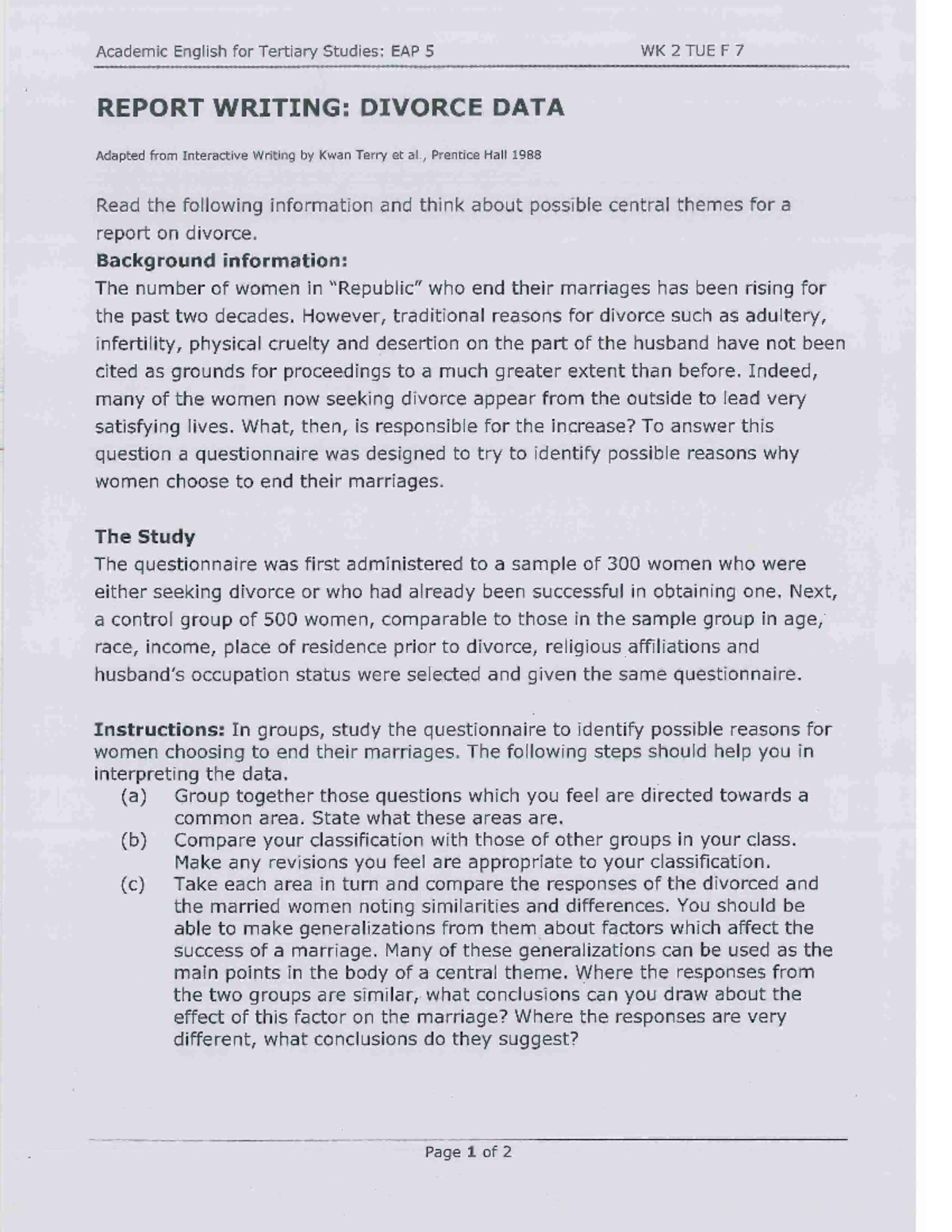 EAP5 Week 2 Tue F7 Report writing Divorce & Teacher's notes - no ...