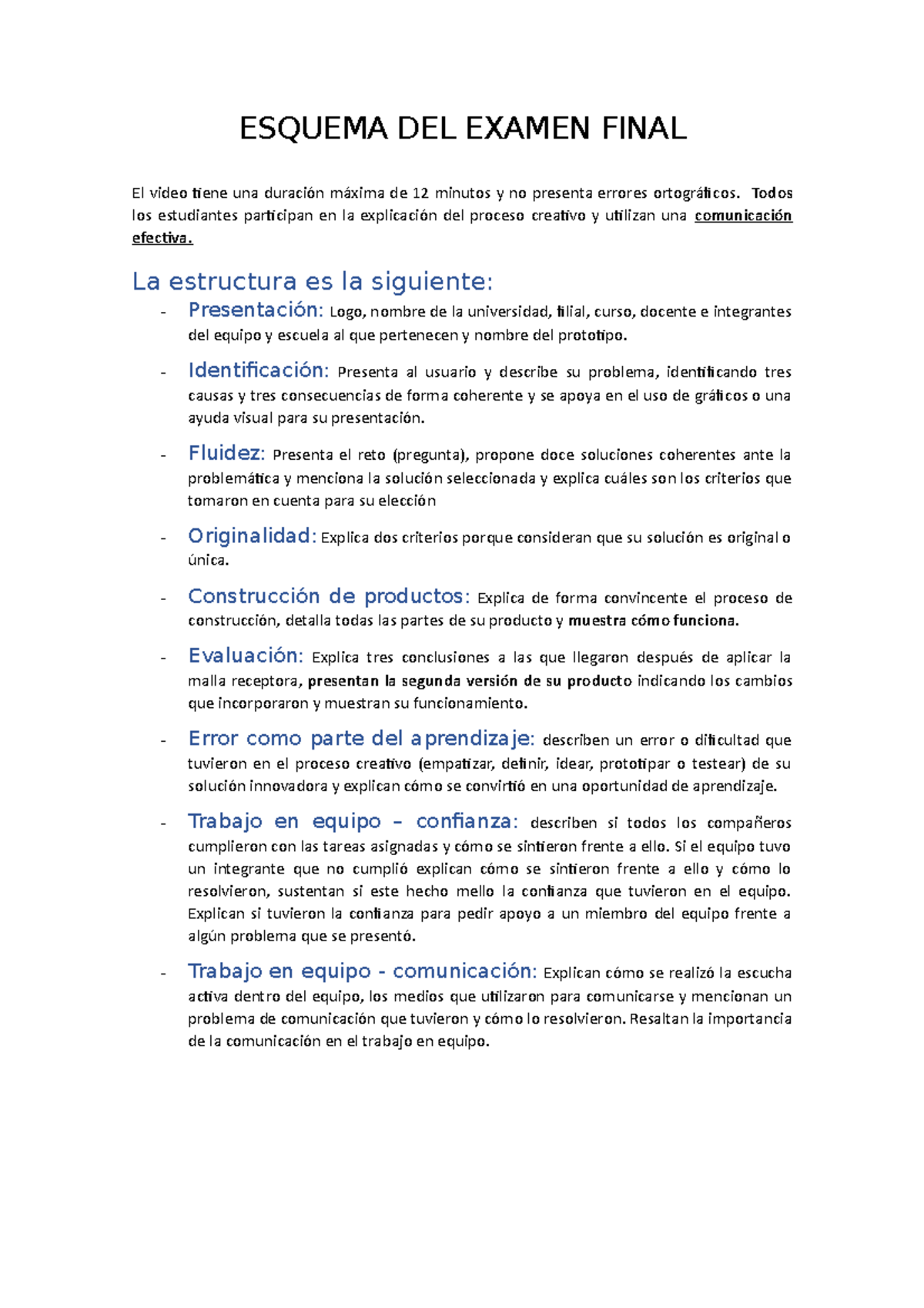 Esquema DEL Examen Final - ESQUEMA DEL EXAMEN FINAL El video tiene una duración máxima de 12 ...