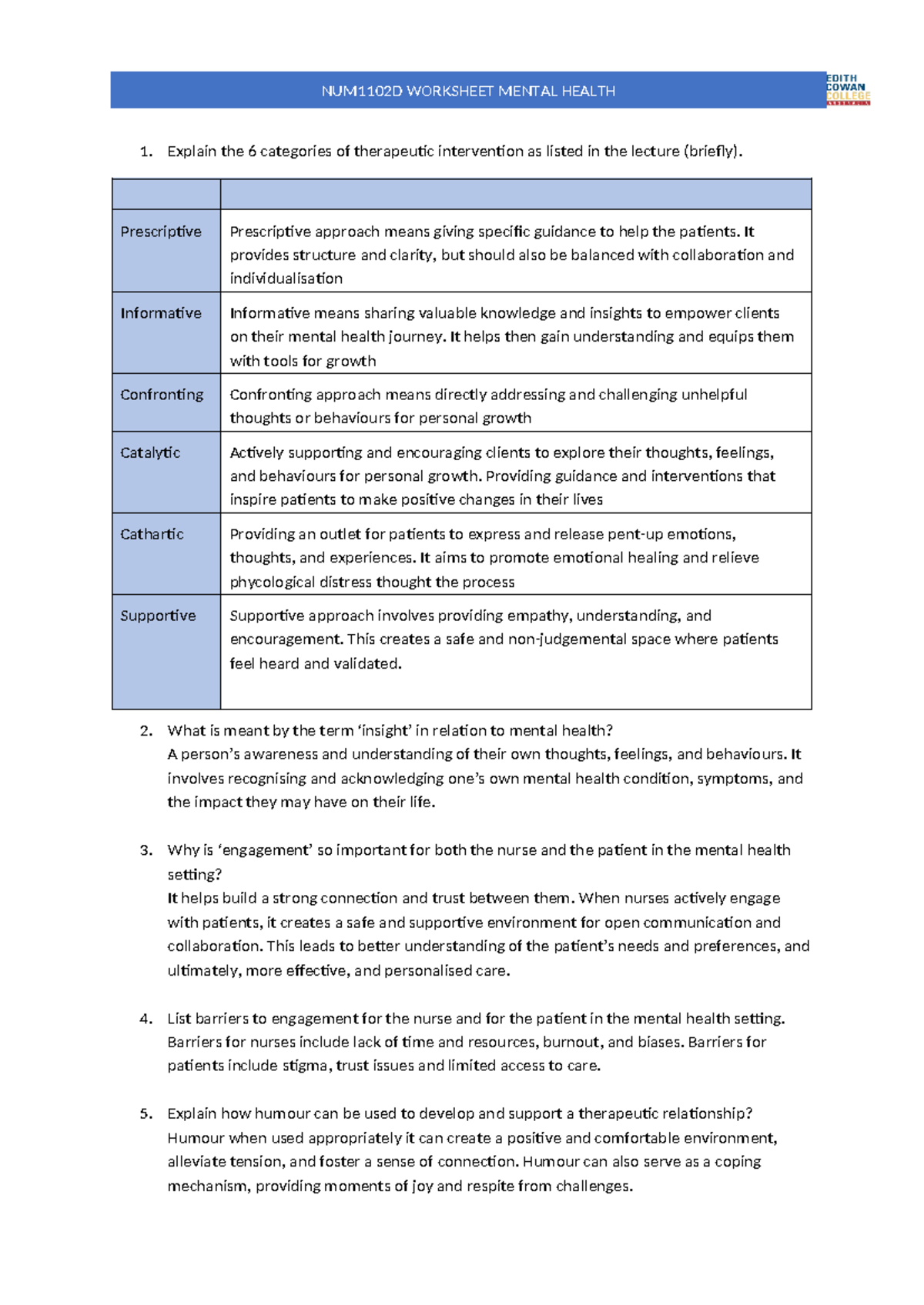 Worksheet W9 - cdw - Explain the 6 categories of therapeutic ...