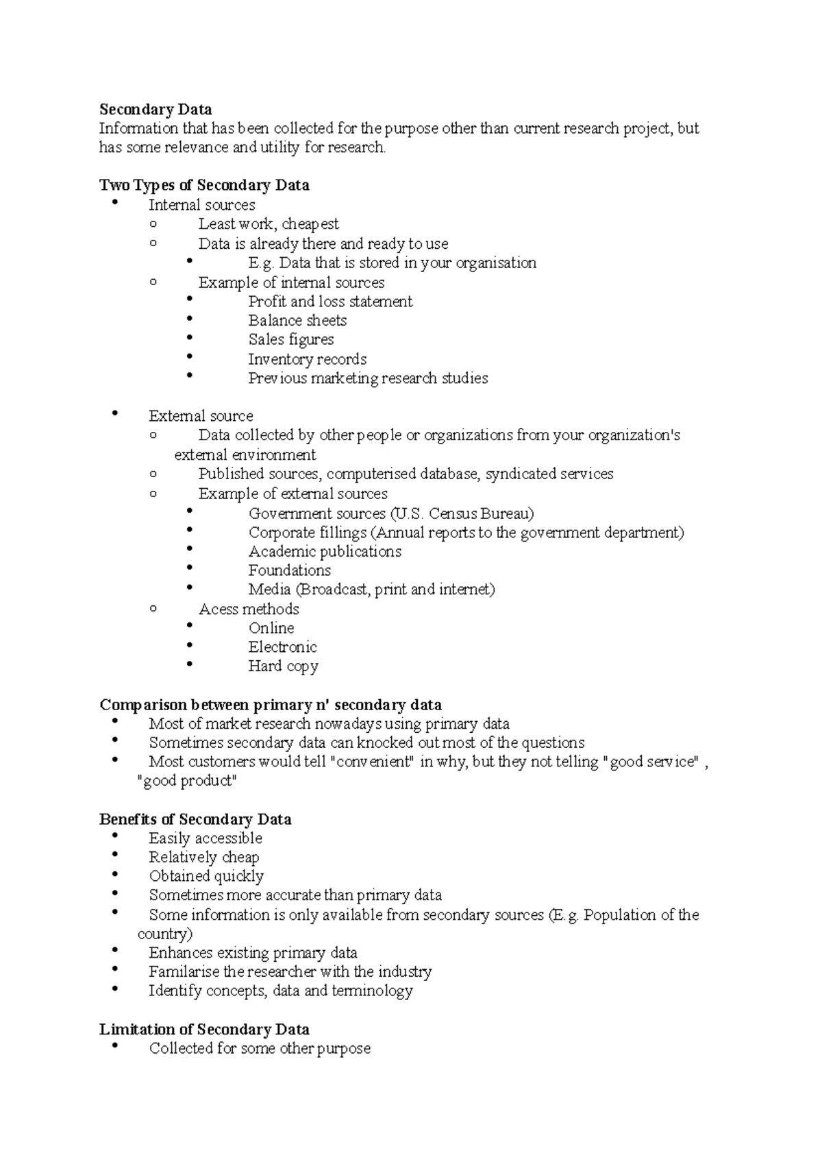 Lecture Notes, Lectures 5 - Secondary Data - Secondary Data Information ...
