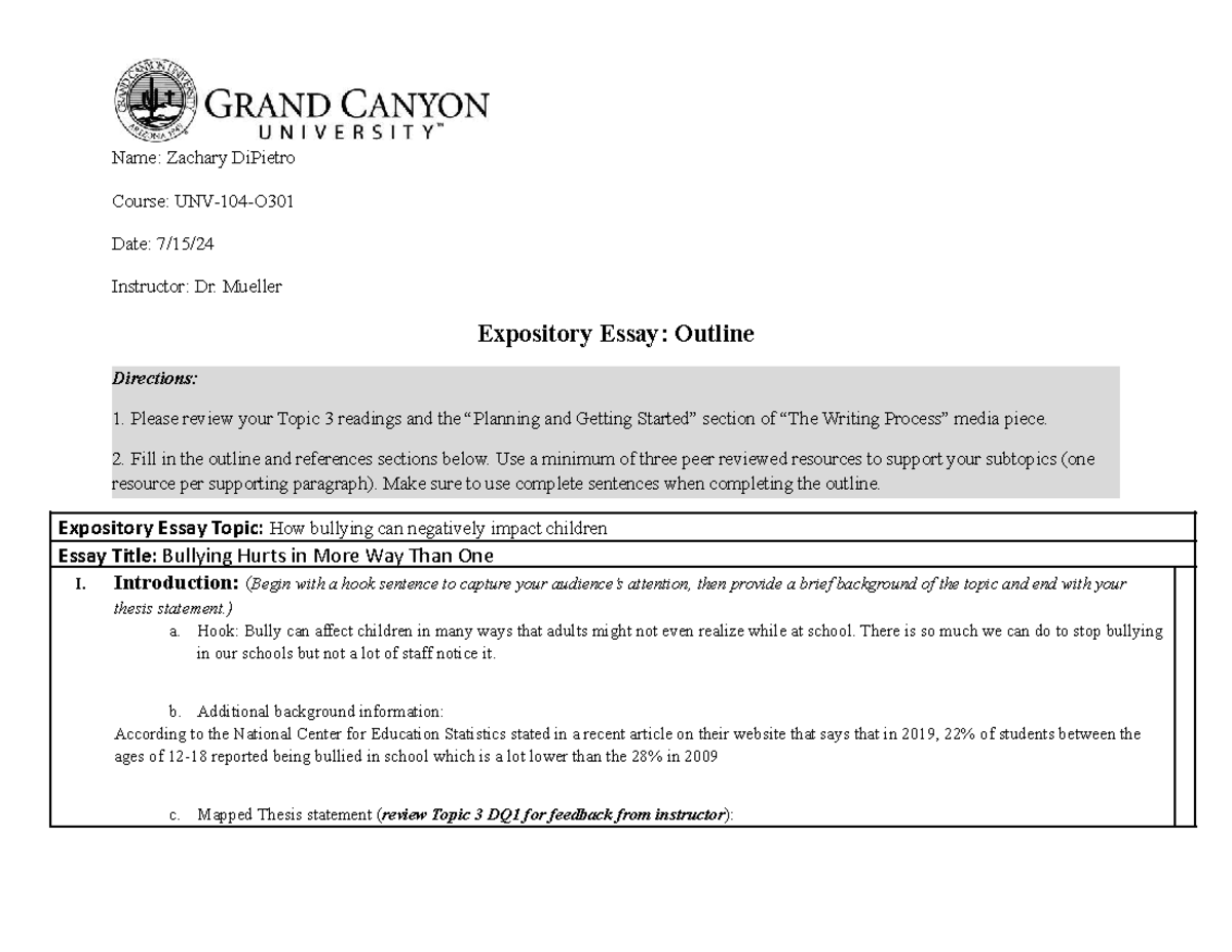 Expository Essay Outline - Name: Zachary DiPietro Course: UNV-104-O ...