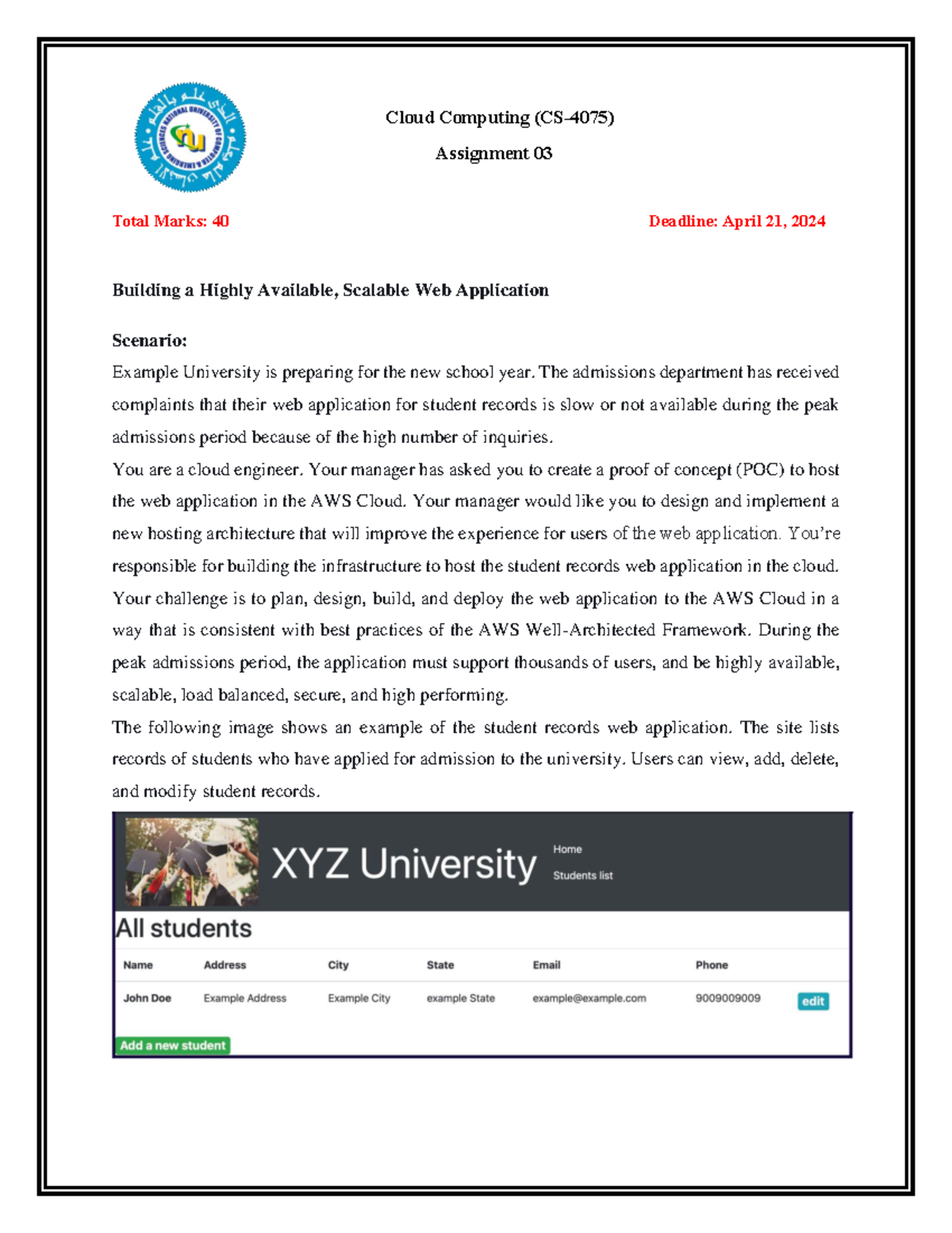 Cloud Computing Assign 03 - Cloud Computing (CS-4075) Assignment 03 Total Marks: 40 Deadline ...