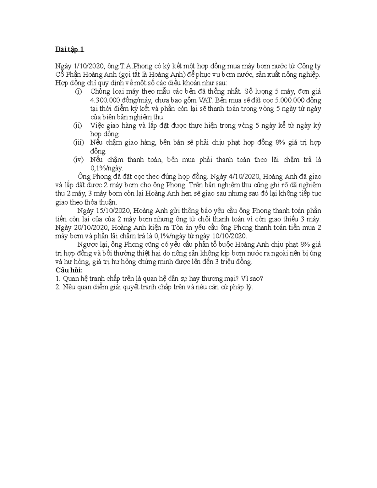 Bài tập HĐMB - Bai tap HDMB cho mon hoc Luat Hop dong/Luat Thuong mai - Bài tập 1 Ngày 1/10/2020 ...