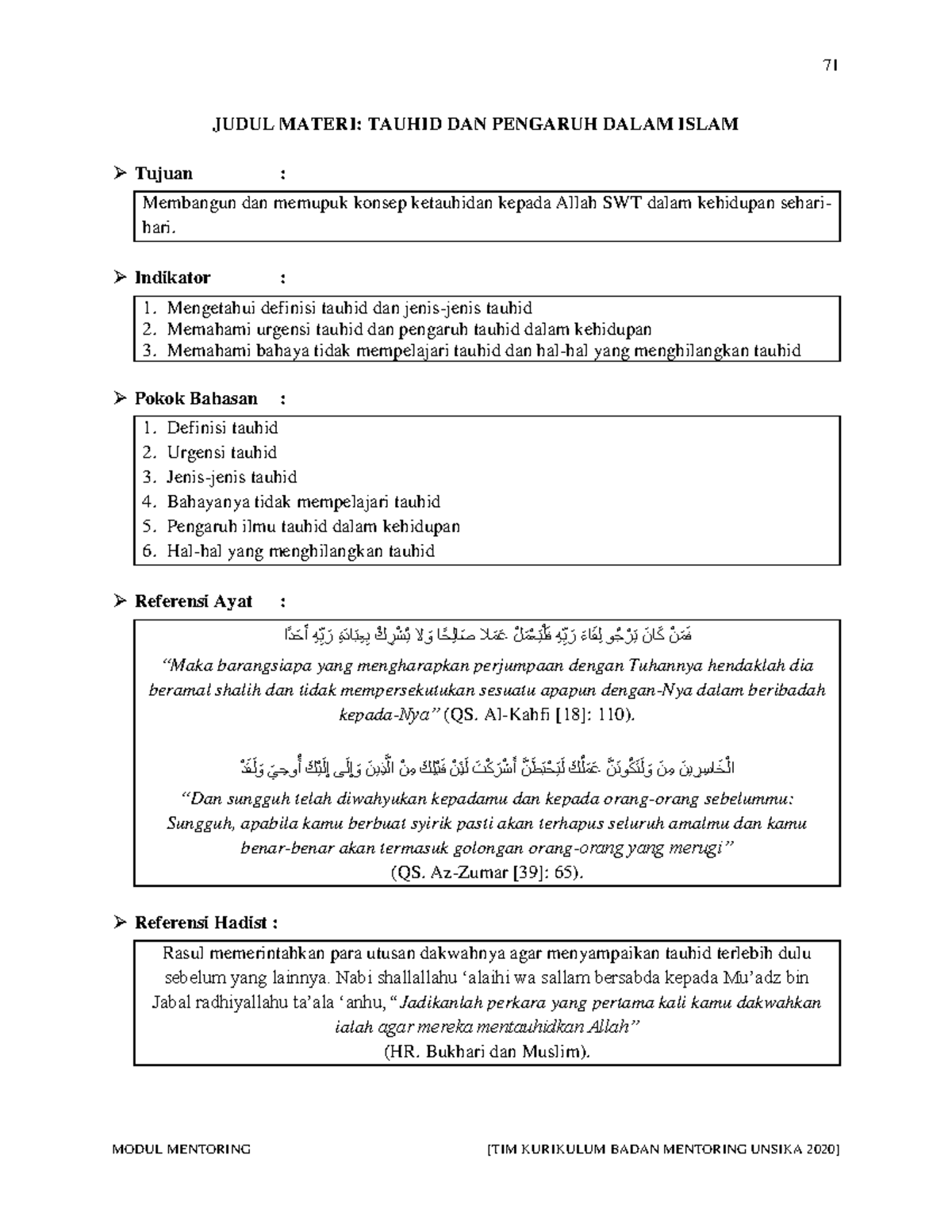 Materi Ke-3 Tauhid dan Pengaruh dalam Islam-hal 71-79 - JUDUL MATERI ...