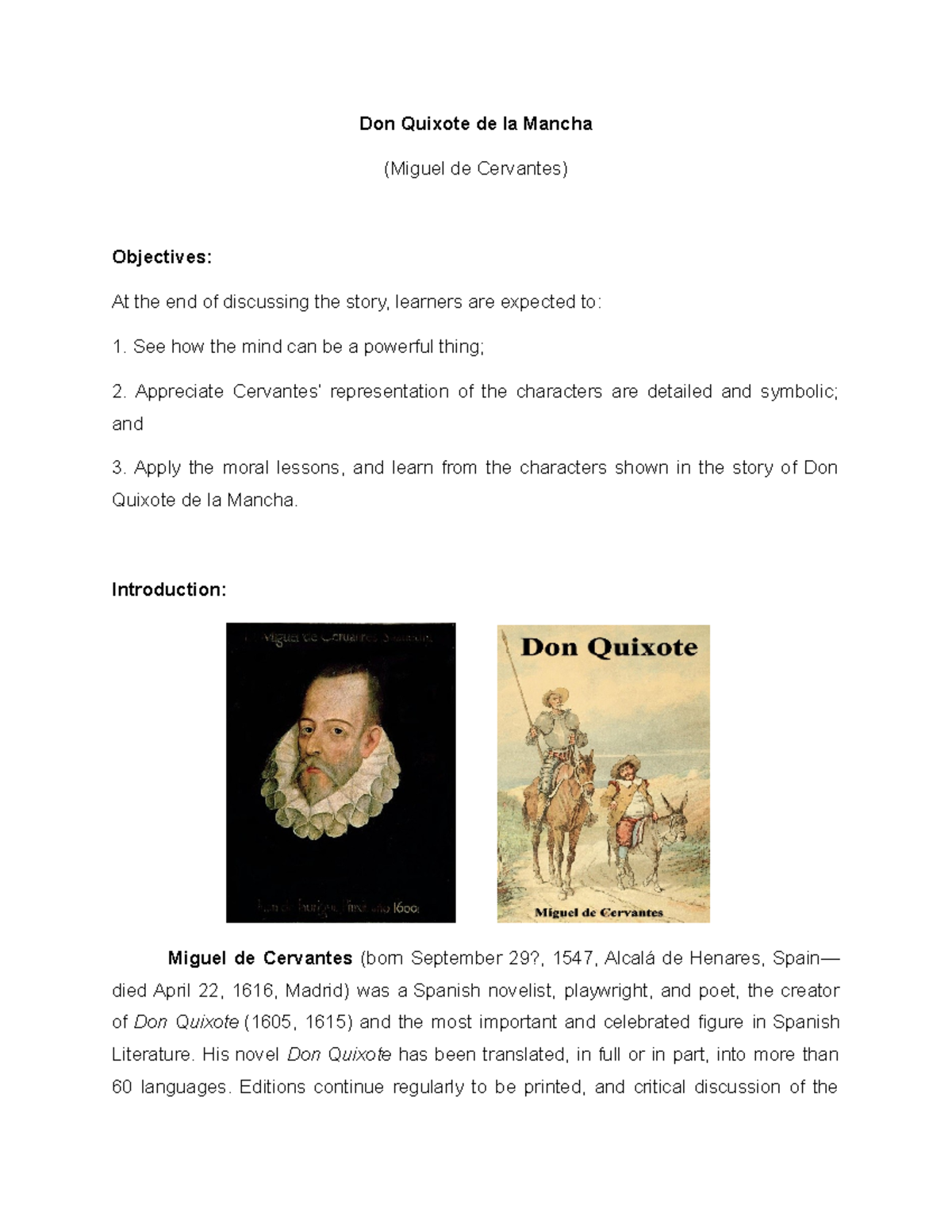 Don Quixote de la Mancha Outline - Don Quixote de la Mancha (Miguel de ...