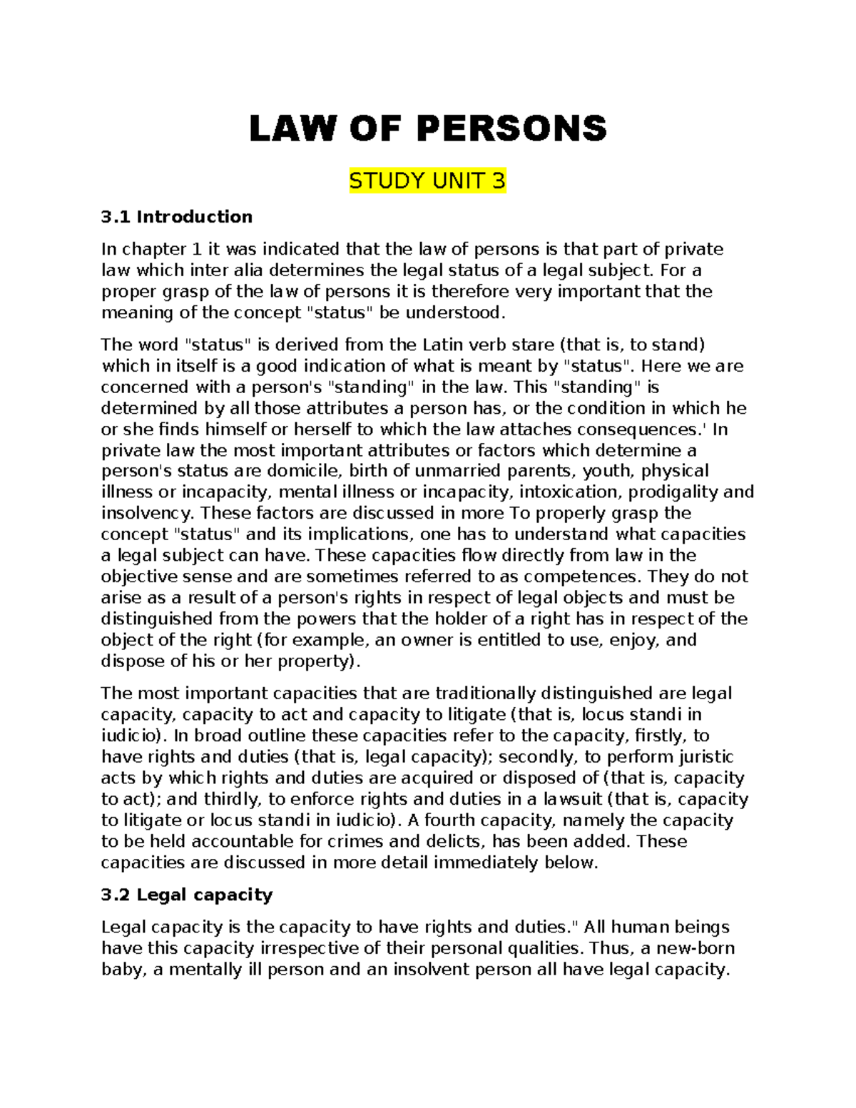 LAW OF Persons notes - LAW OF PERSONS STUDY UNIT 3 3 Introduction In ...