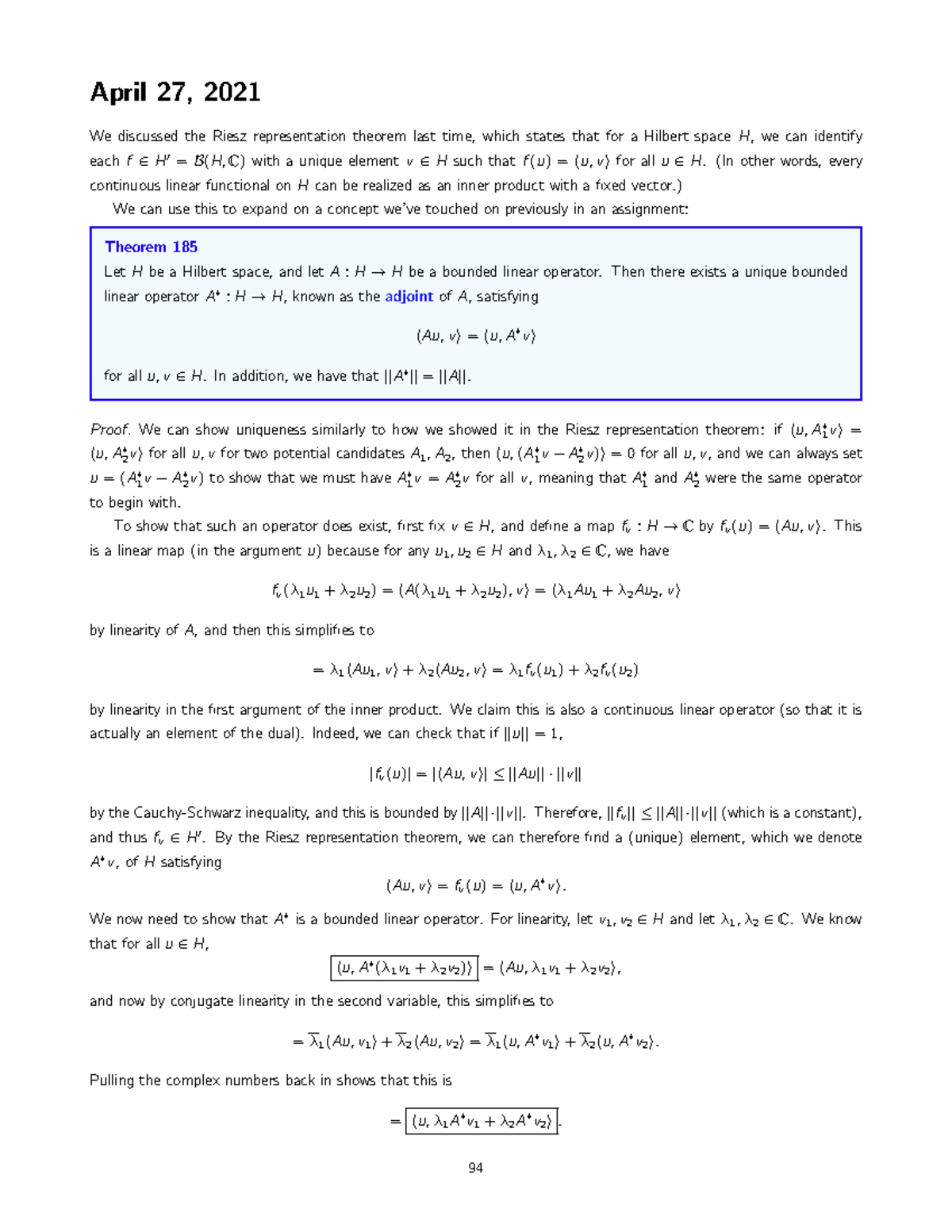 The Adjoint of a Bounded Linear Operator on a Hilbert Space - April 27 ... The Adjoint of a Bounded Linear Operator on a Hilbert Space - April 27 ...