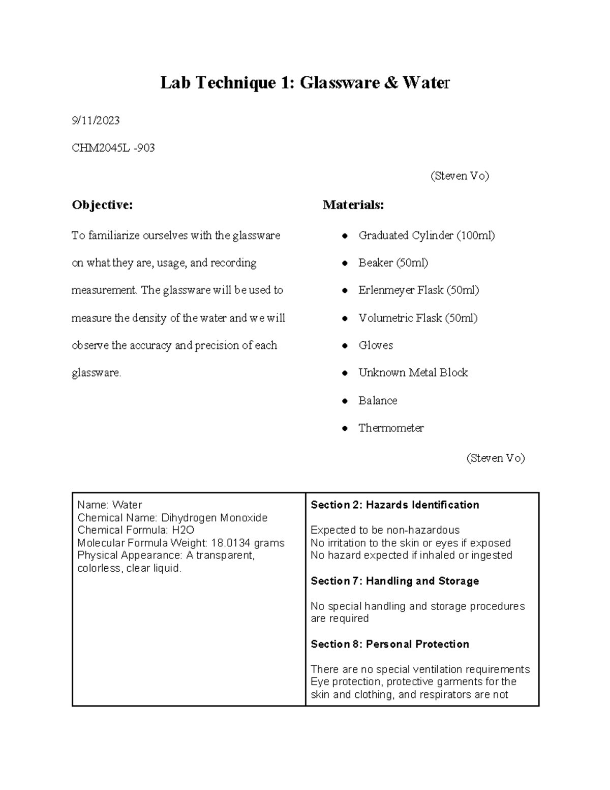 First Pre-Lab - Lab Technique 1: Glassware & Water 9/11/ CHM2045L - (Steven Vo) Objective: To ...