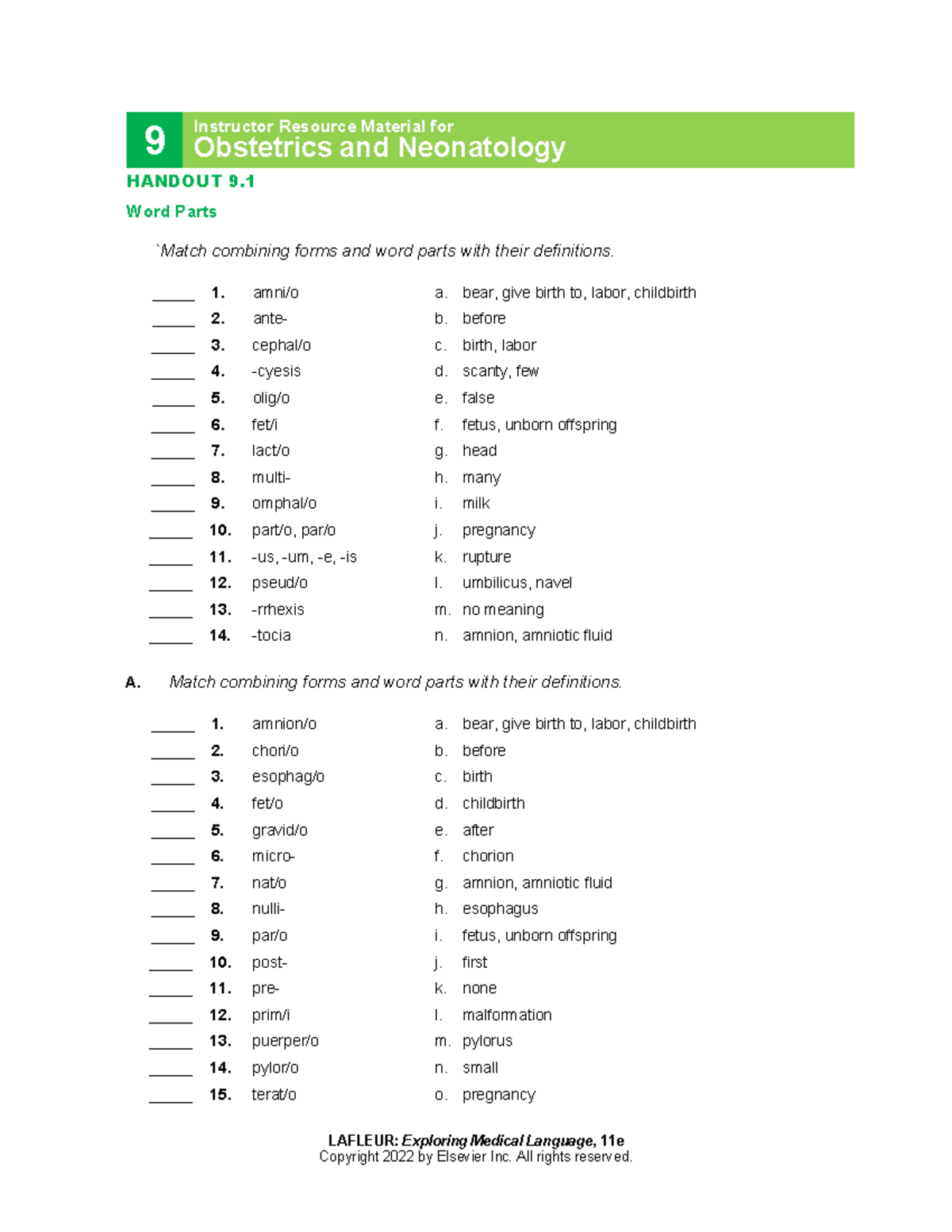 Chapter 9 Handout - LAFLEUR: Exploring Medical Language, 11e 9 ...
