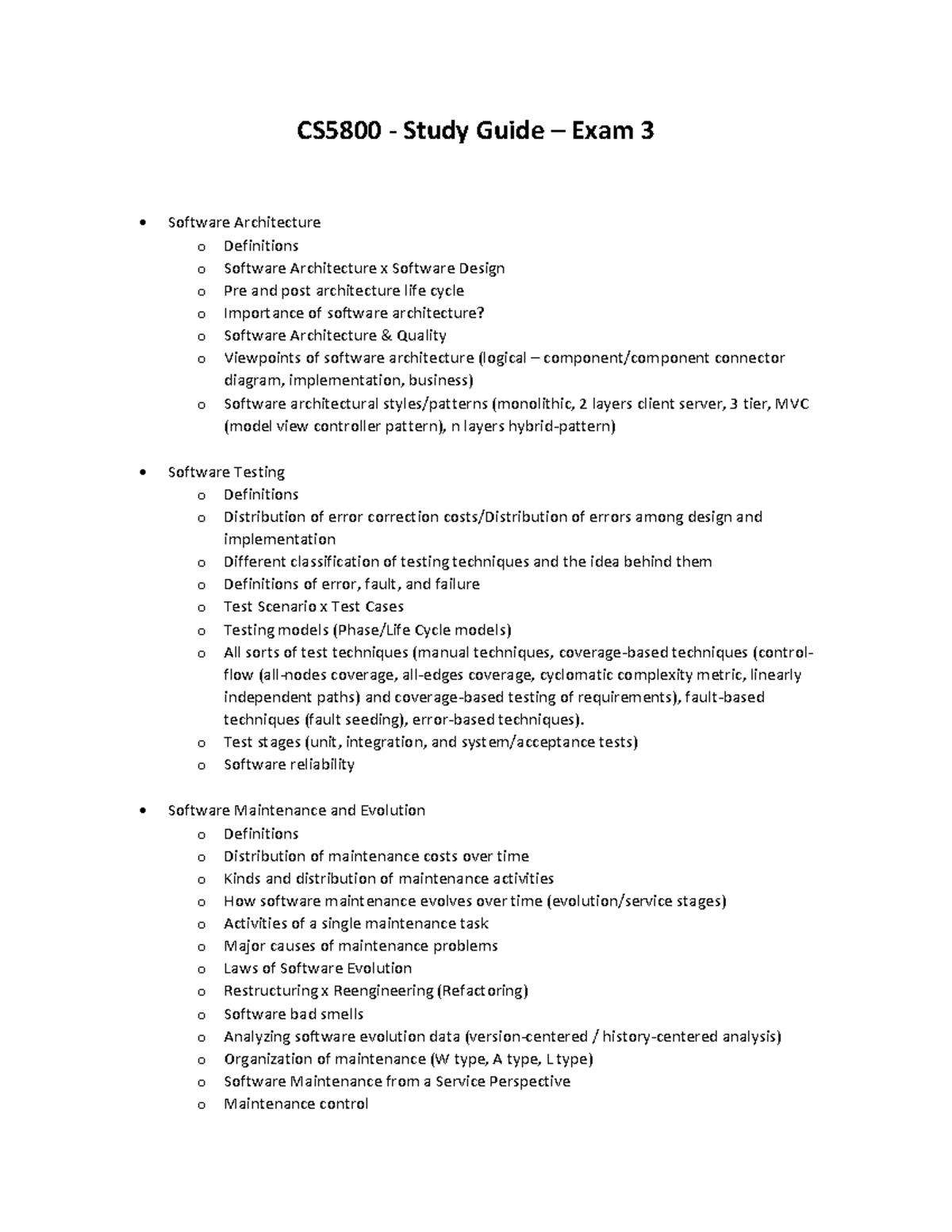Study Guide - Lecture Note - CS5800 - Study Guide – Exam 3 Software ...
