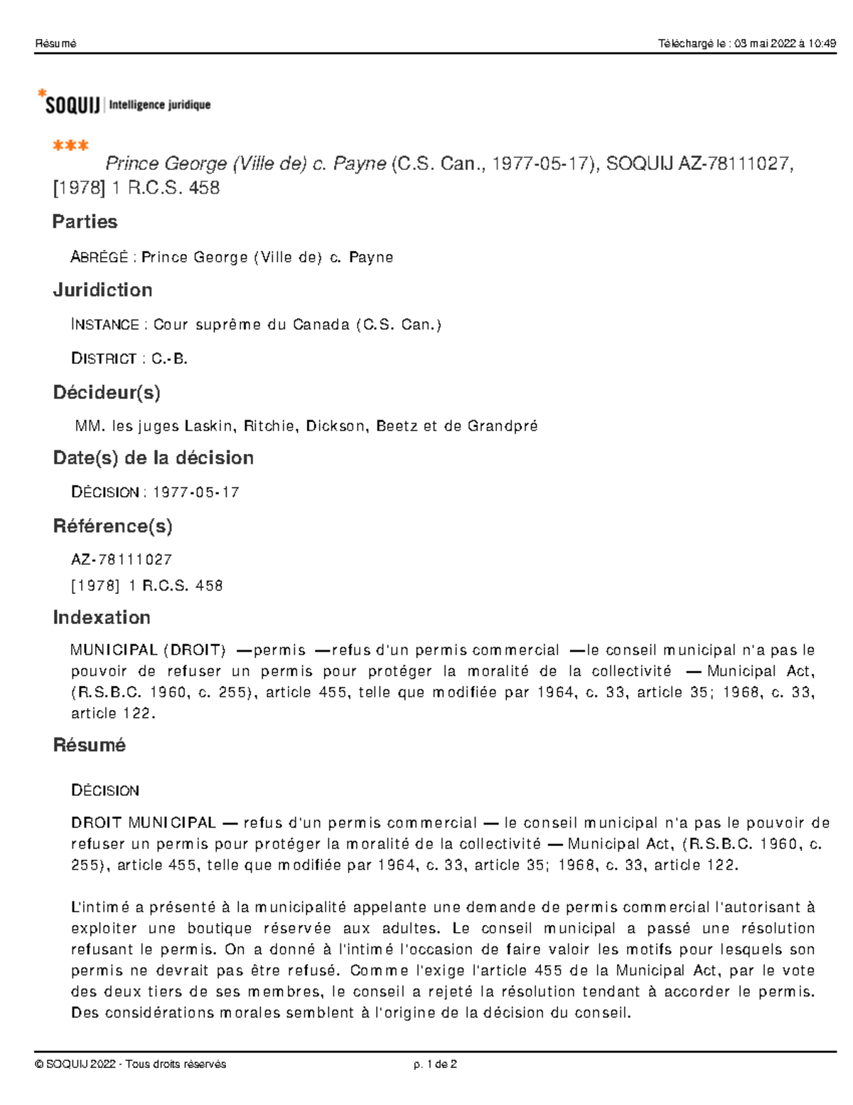 Prince résumé - Prince George (Ville de) c. Payne (C. Can., 1977-05-17 ...