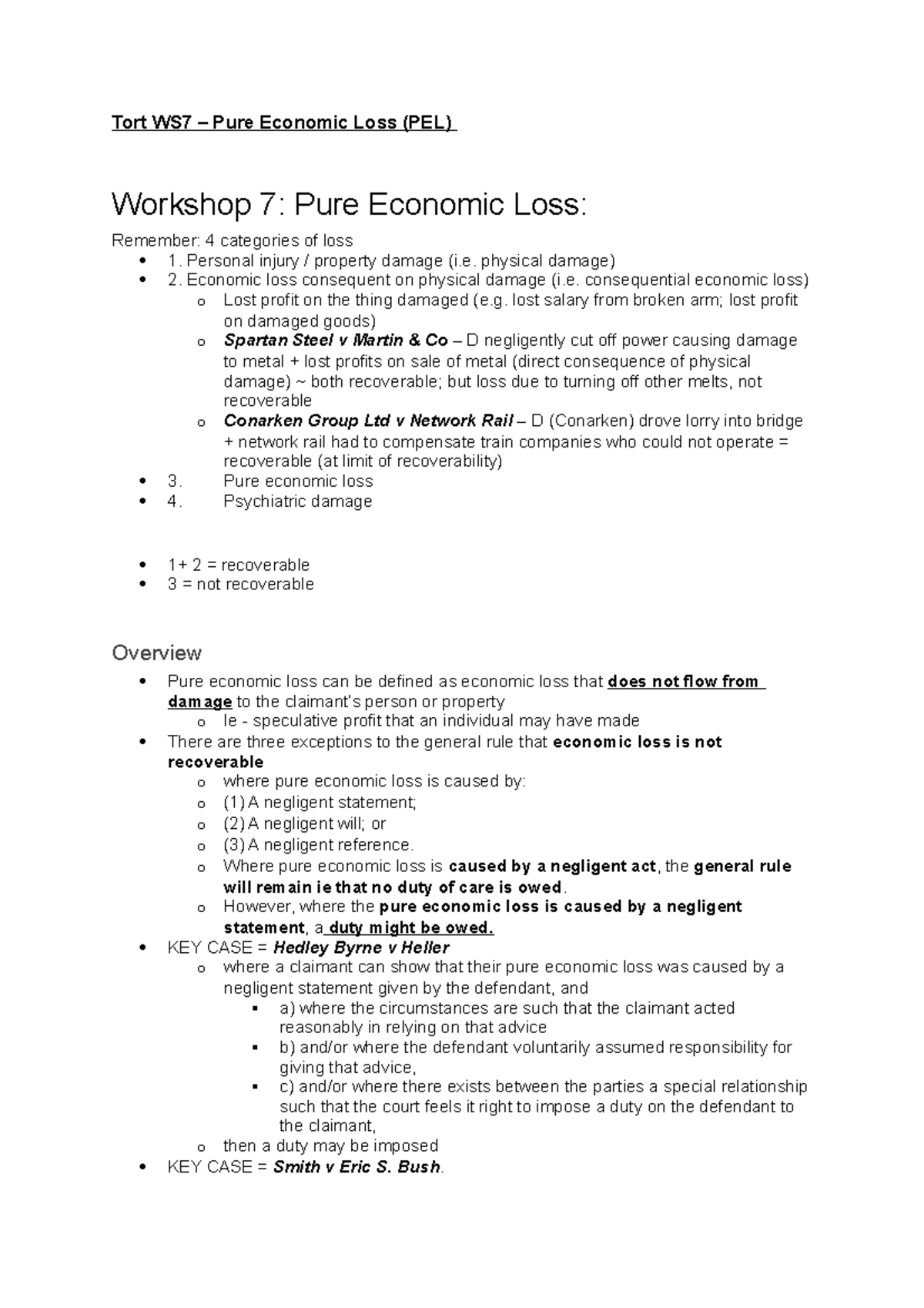 Tort WS7 – Pure Economic Loss (PEL) Prepare Notes - Tort WS7 – Pure ...