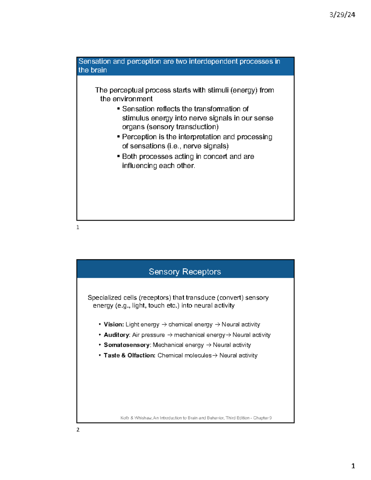 Exam 3 review slides - Sensation and perception are two interdependent ...