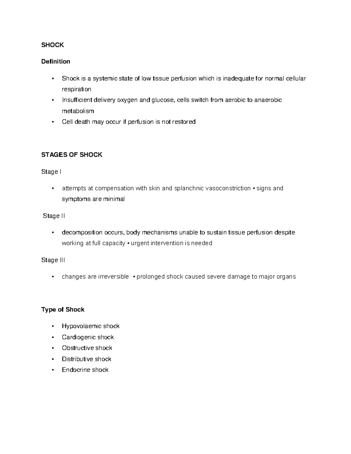 Summary of Shock - SHOCK Definition Shock is a systemic state of low ...
