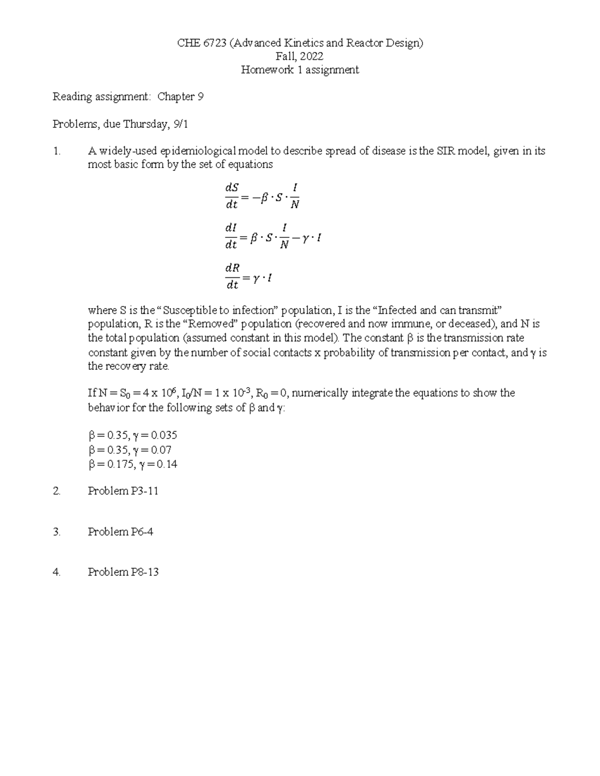 H.w 1 - hmh - CHE 6723 (Advanced Kinetics and Reactor Design) Fall ...