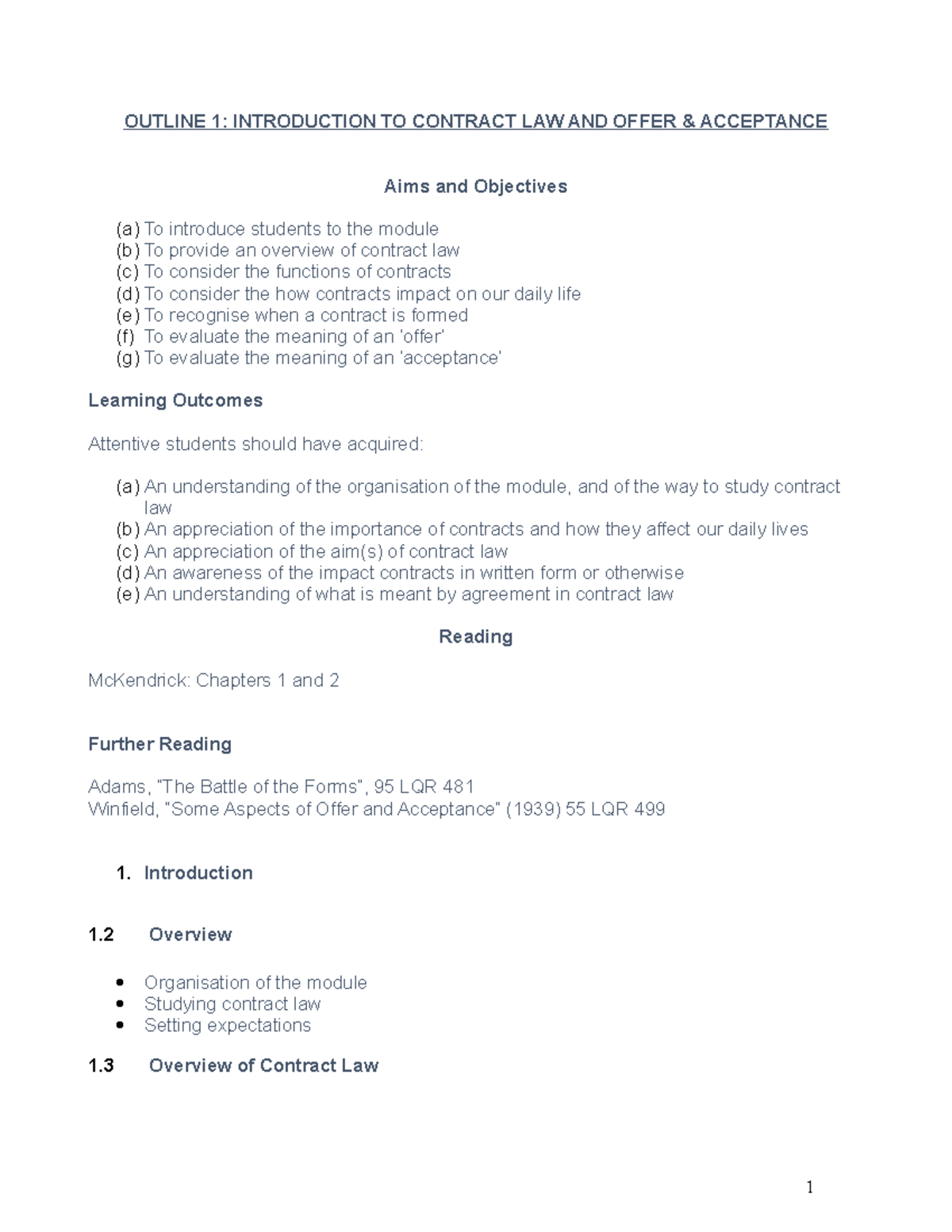 Contract law- 1-10 lectures - OUTLINE 1: INTRODUCTION TO CONTRACT LAW ...