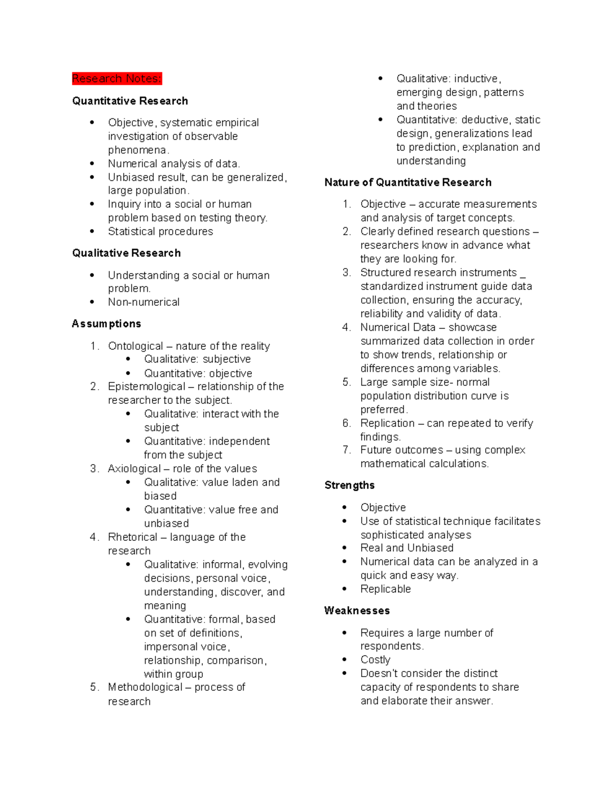 Research Notes 1 - Research Notes: Quantitative Research Objective ...