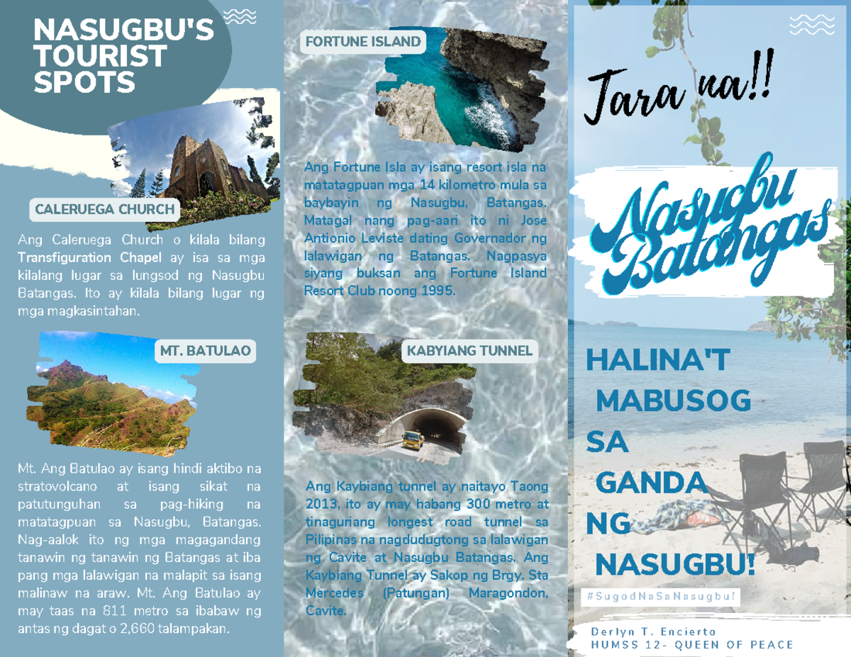 Blue Bright Traveling Agency Trifold Brochure - NASUGBU'S TOURIST SPOTS ...