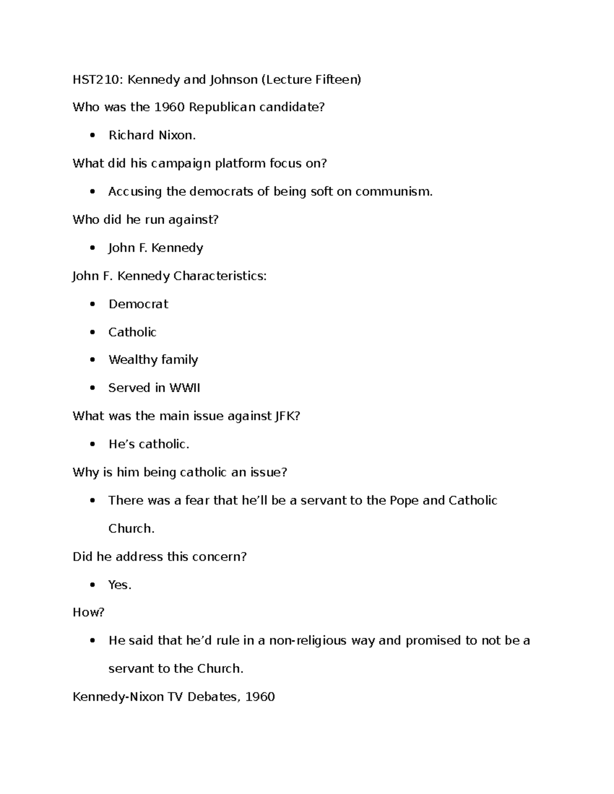HST210 Kennedy & Johnson notes - HST210: Kennedy and Johnson (Lecture ...