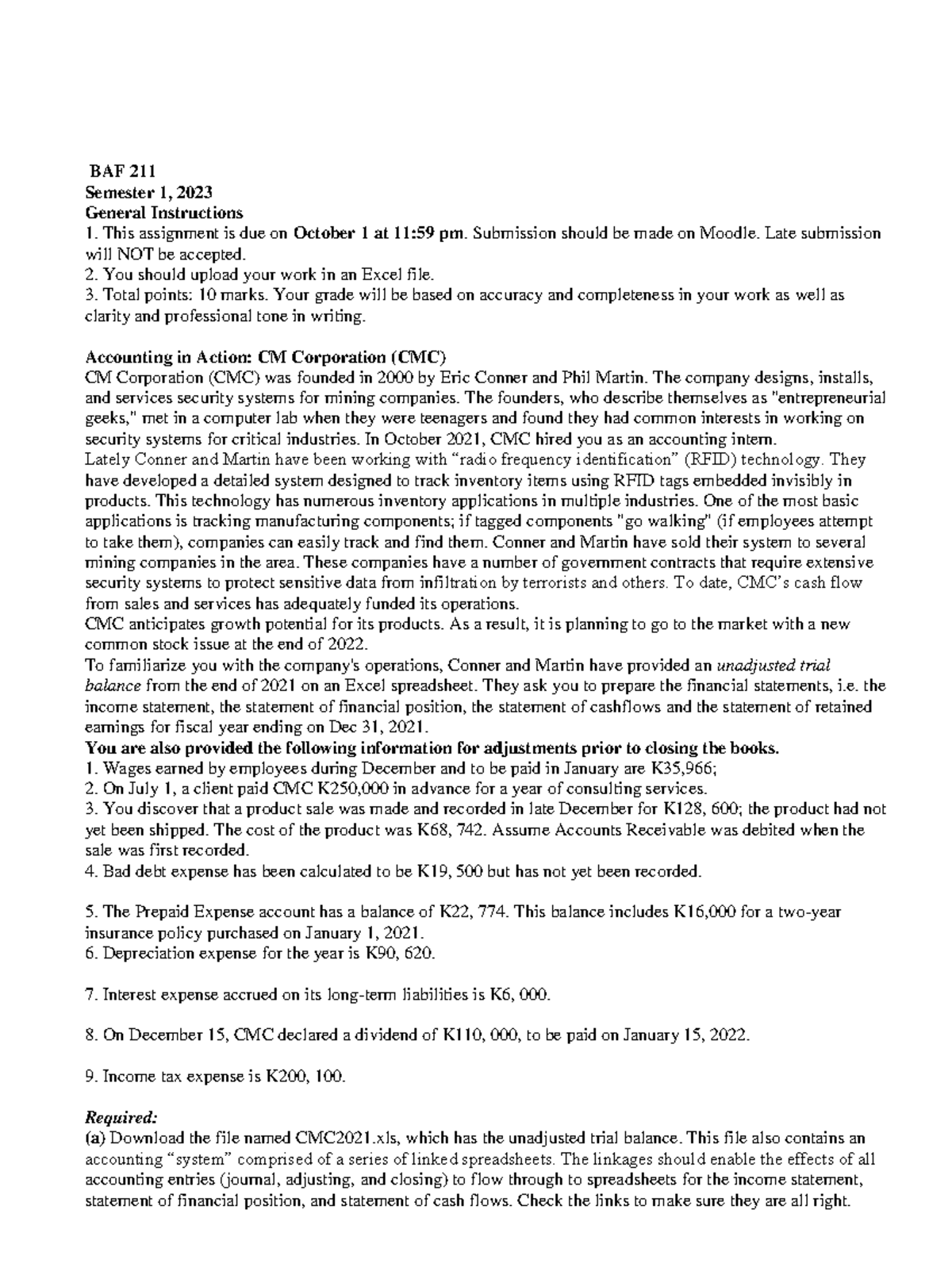 BAF 211 Q 2023 requirement - BAF 211 Semester 1, 2023 General Instructions This assignment is ...