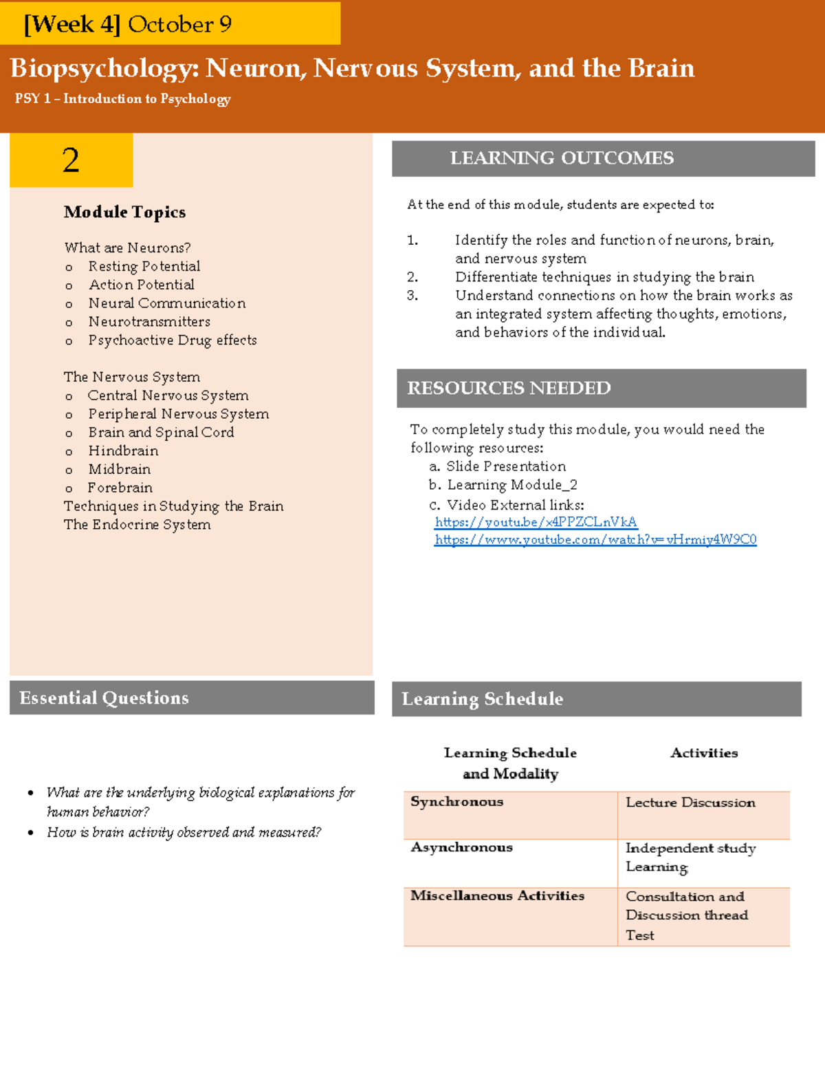 PSY-1 Module 2 - Biopsychology: Neuron, Nervous System, and the Brain ...