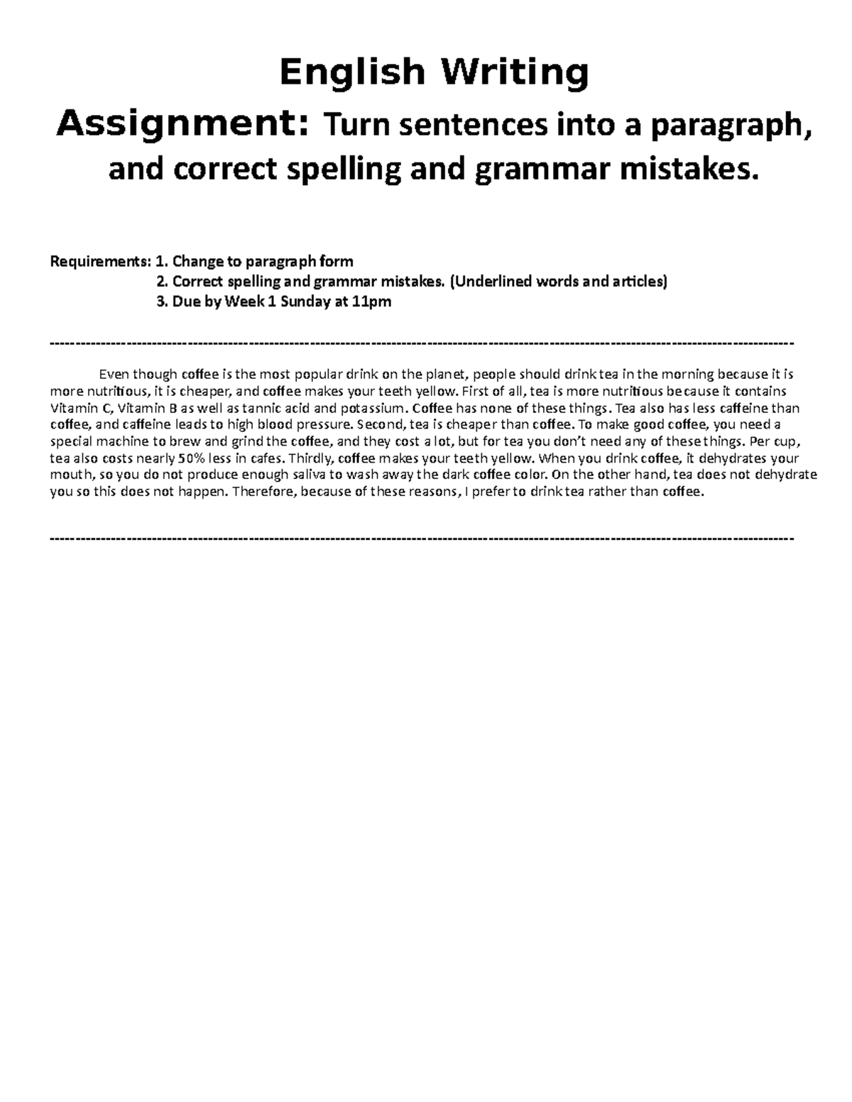 MSWord Assignment - English Writing Assignment: Turn sentences into a ...